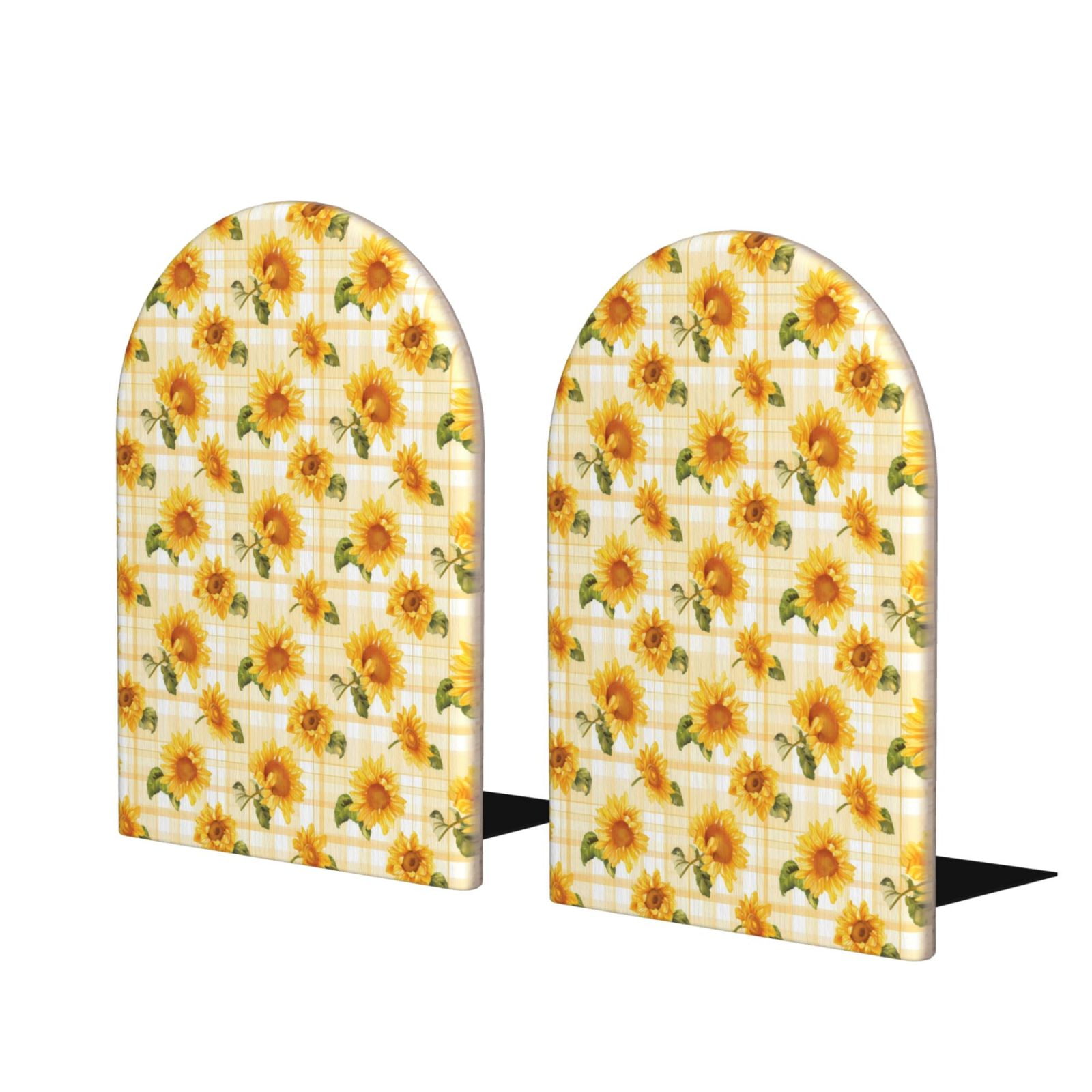 KLL Light Yellow Plaid Sunflower Print Wood Book Ends for Shelves,1 ...