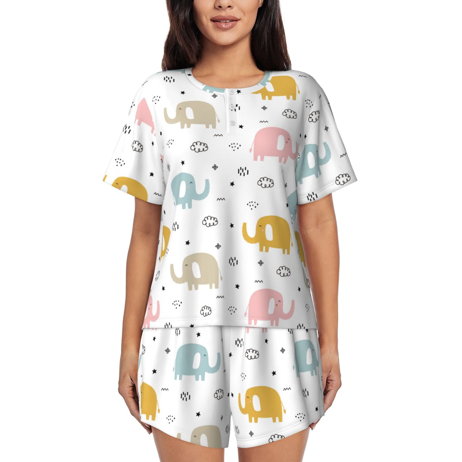 KLL Little Elephant Print Pajama Set for Women Short Sleeve Sleepwear ...