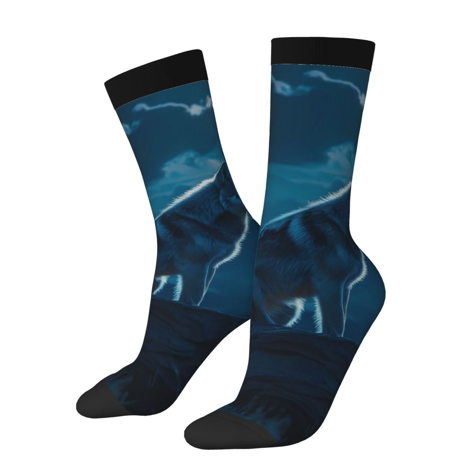 KLL Lonely Night Wolf Print Cool Socks Men's Women's Crew Socks Funny ...