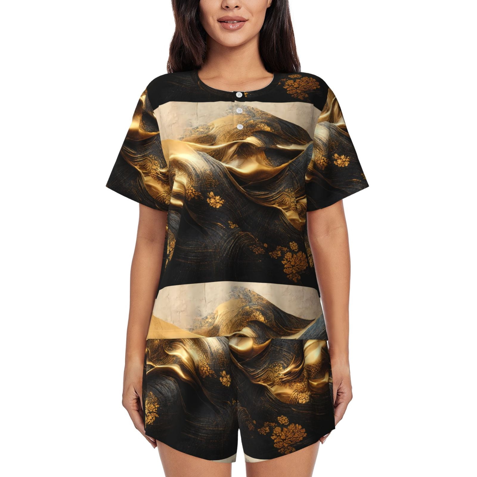 KLL Luxurious Gold Flow Print Pajama Set for Women Short Sleeve ...