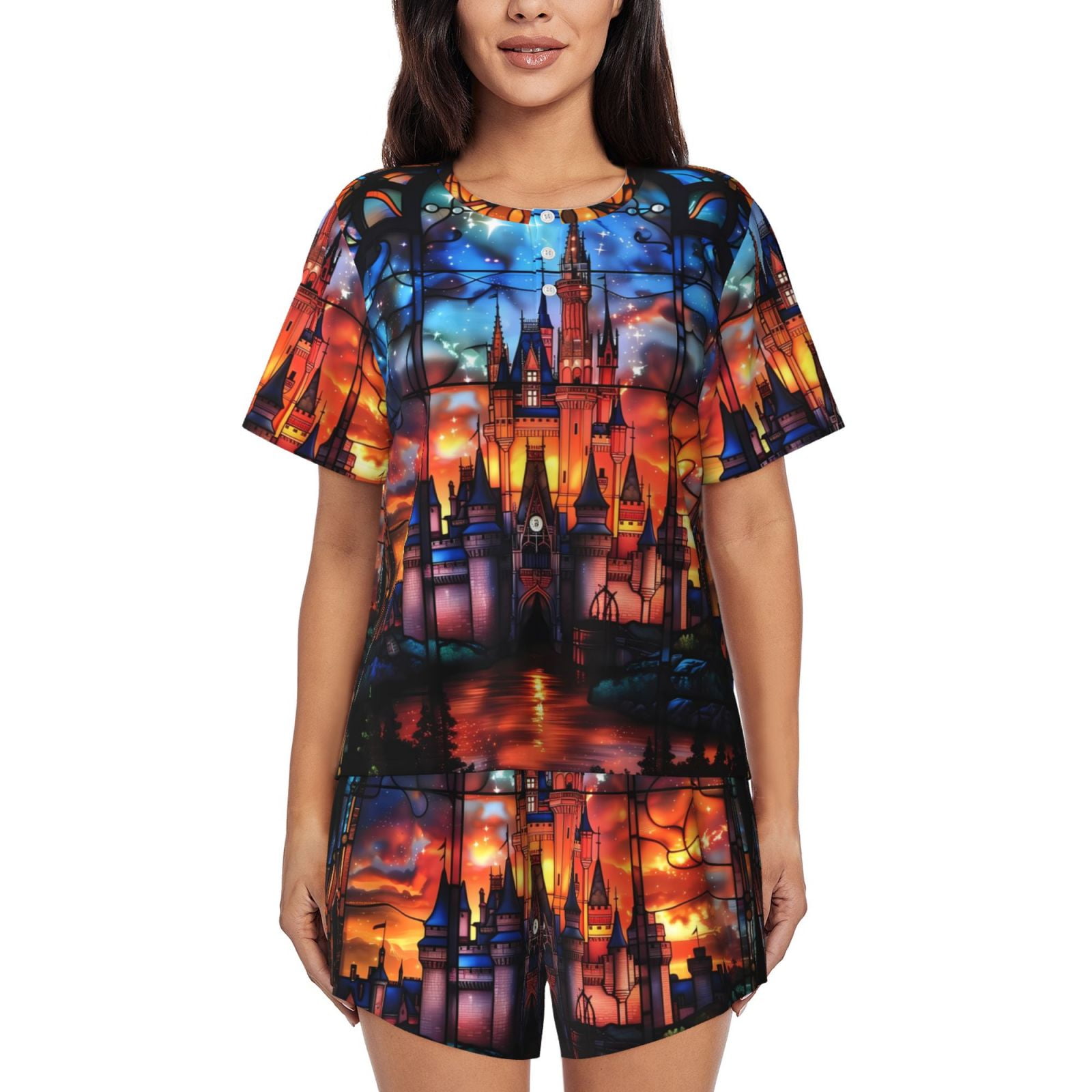 KLL Magical Stained Glass Castle Print Pajama Set for Women Short ...