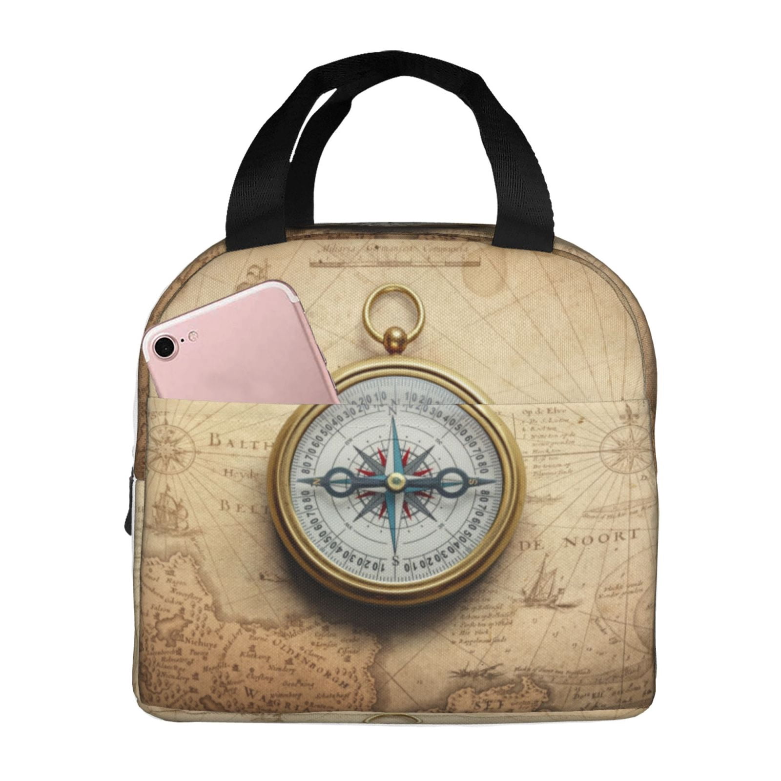 KLL Magnetic Old Compass On World Map Print Insulated Lunch Bag Women ...