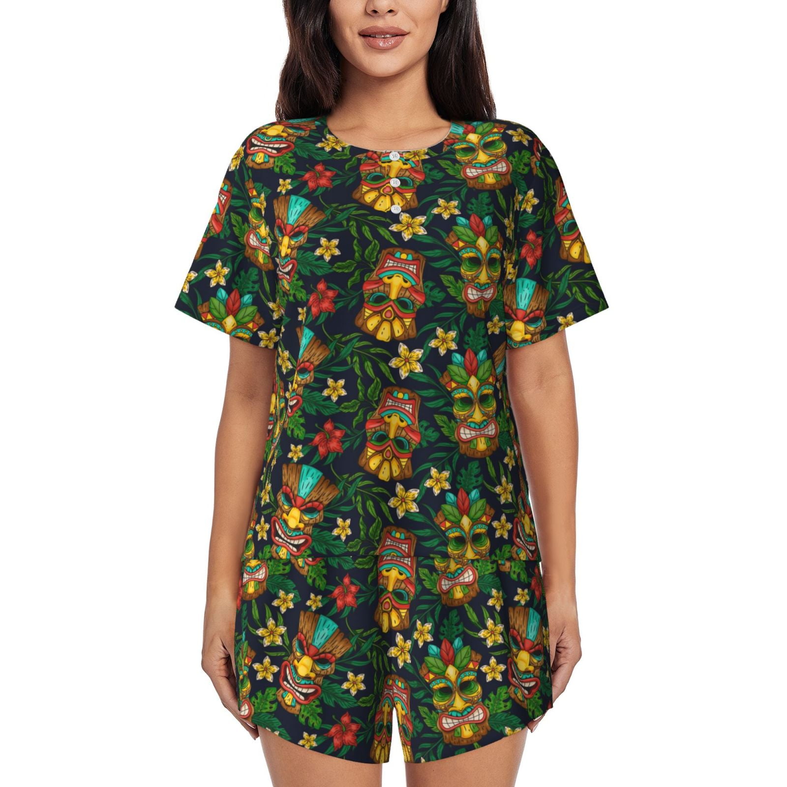 KLL Mask Tropical Flower Print Pajama Set for Women Short Sleeve ...