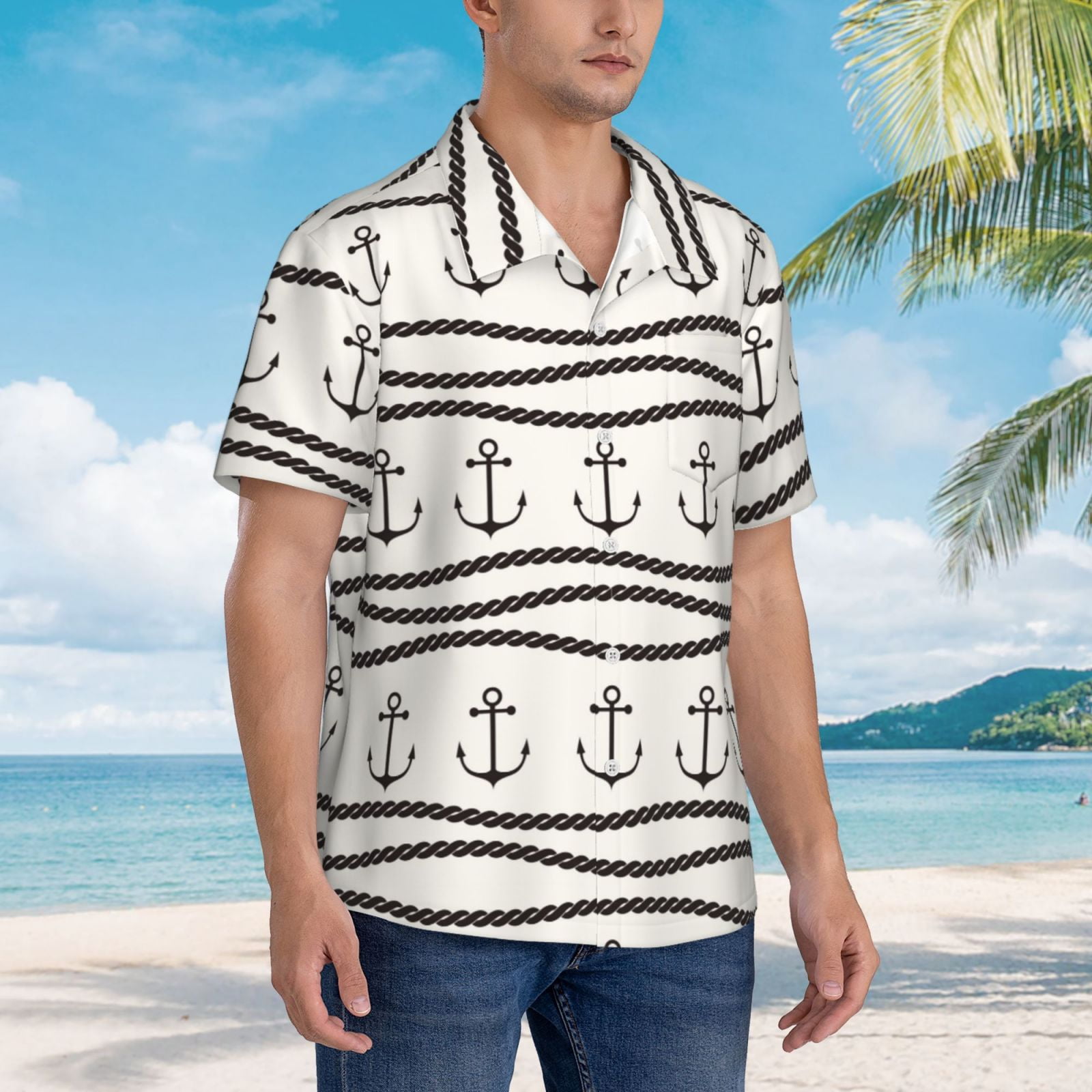 Kll Mens Hawaiian Shirt Short Sleeve Button Down Beach Shirts Anchors