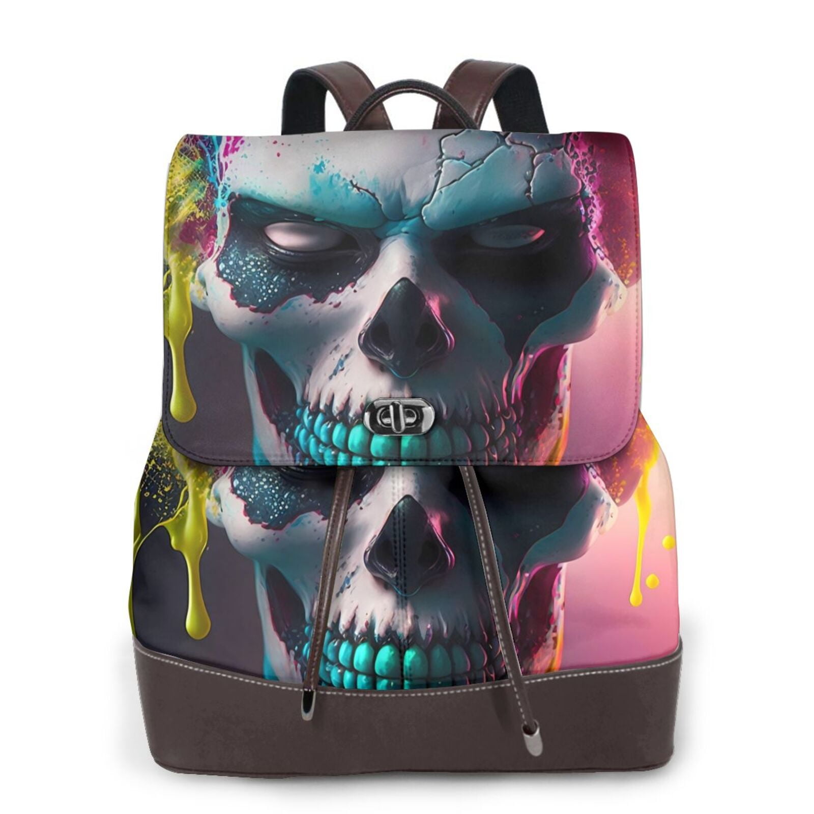 KLL Modern Abstract Colorful Skull A Print Leather Backpack,PU Leather ...