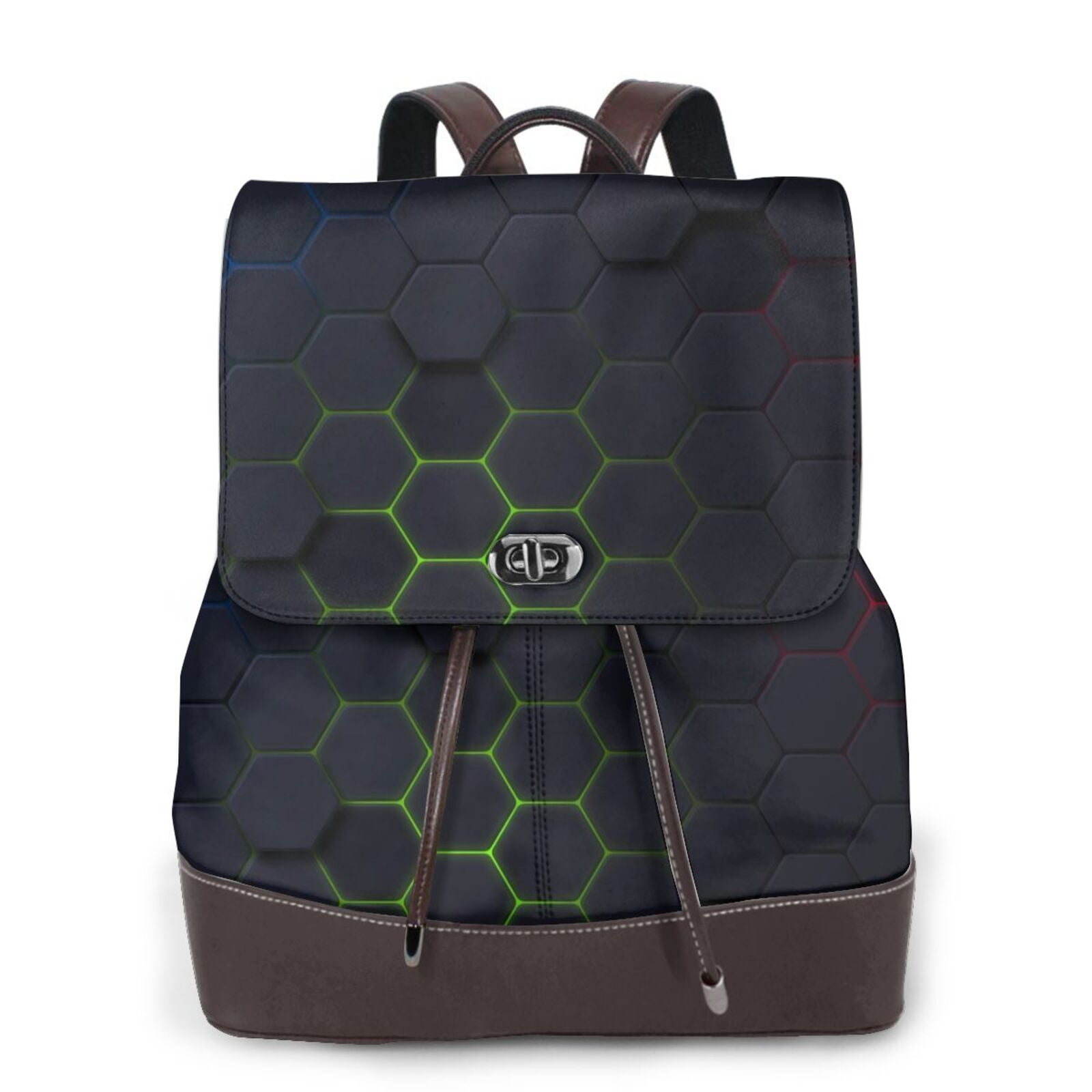 KLL Modern Hexagonal Neon Grid Print Leather Backpack,PU Leather Laptop ...