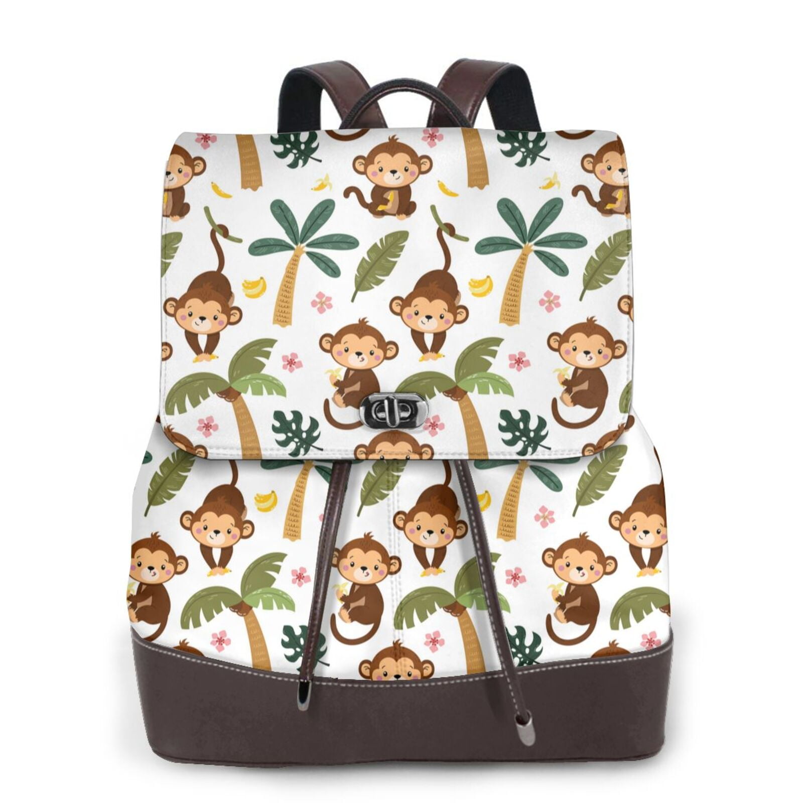 KLL Monkeys Swinging from Palms Print Leather Backpack,PU Leather ...