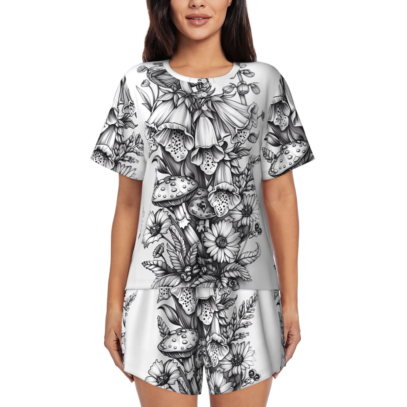 KLL Monochrome Botanical Illustration Print Pajama Set for Women Short ...