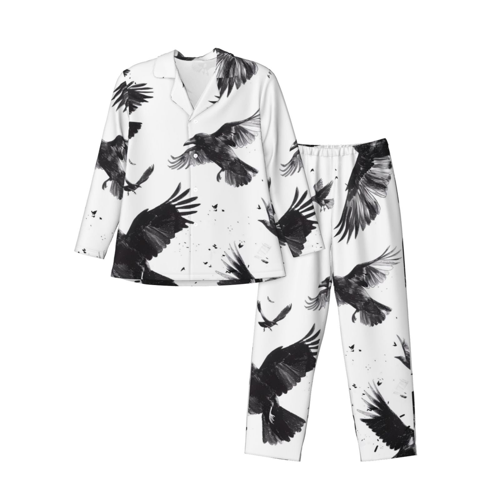 KLL Monochrome Flying Ravens Sleepwear Mens Flannel Pajamas,Long Cotton ...