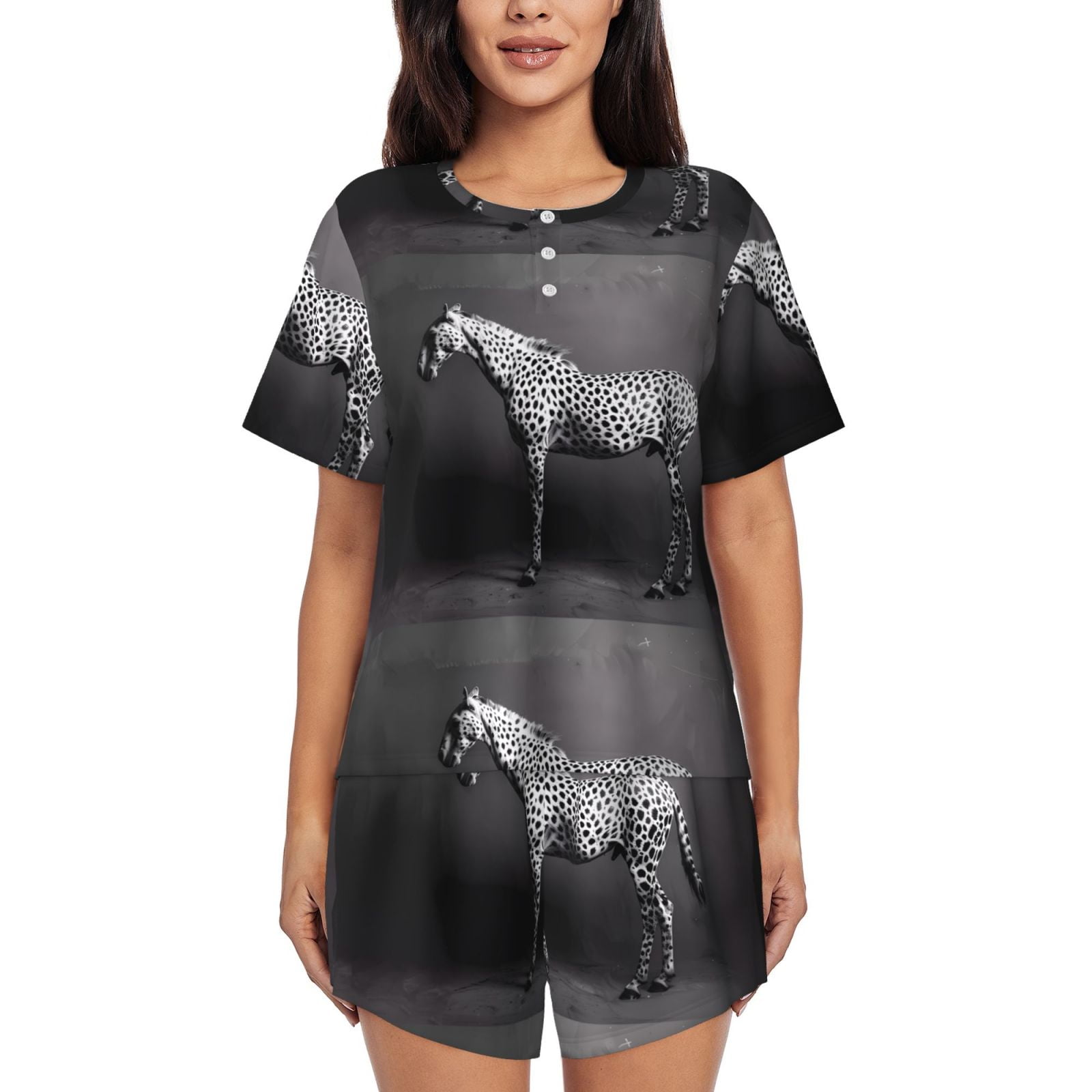 KLL Monochrome Leopard Horse Print Pajama Set for Women Short Sleeve ...
