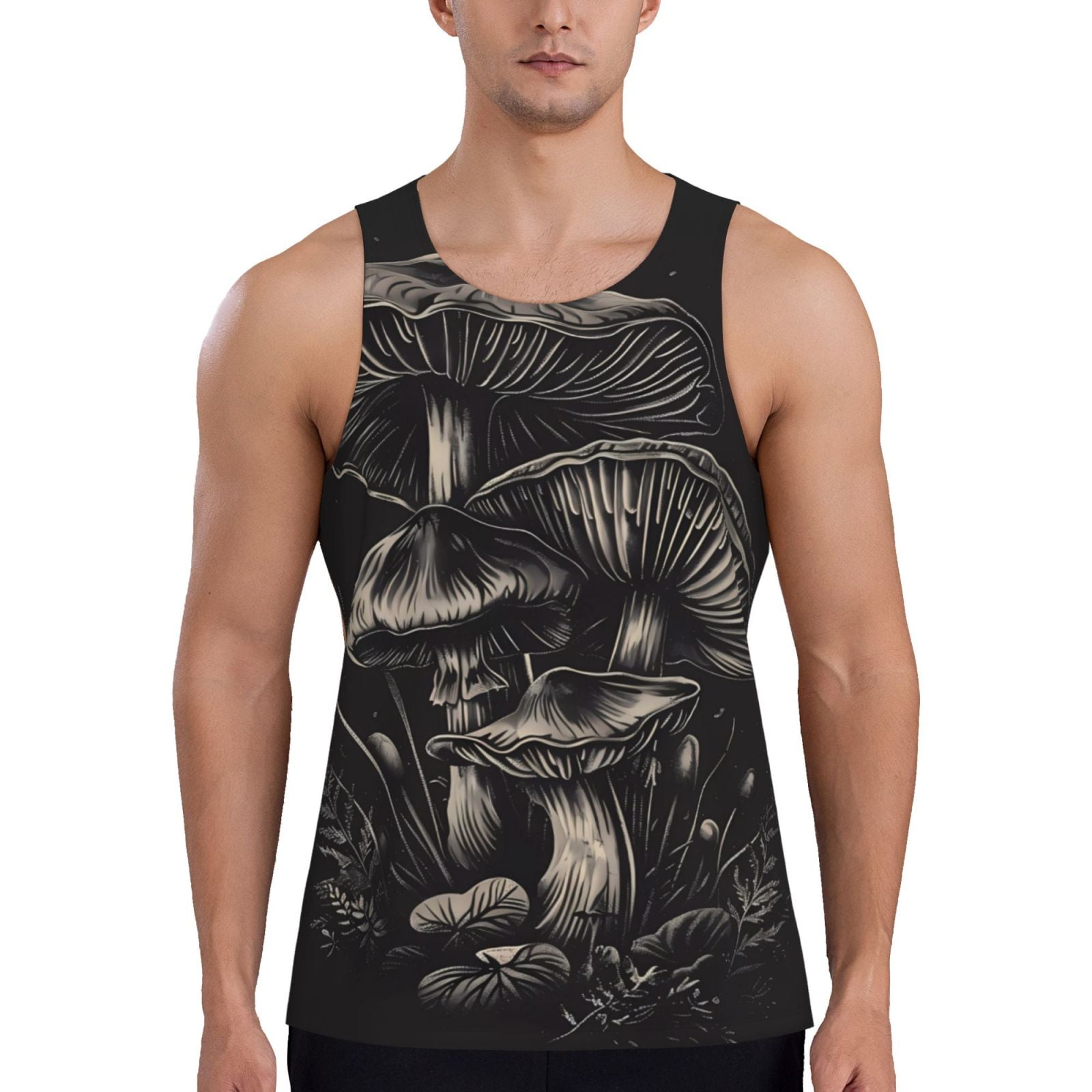 KLL Monochrome Mushroom Artwork Print Men's Muscle Gym Workout Stringer ...
