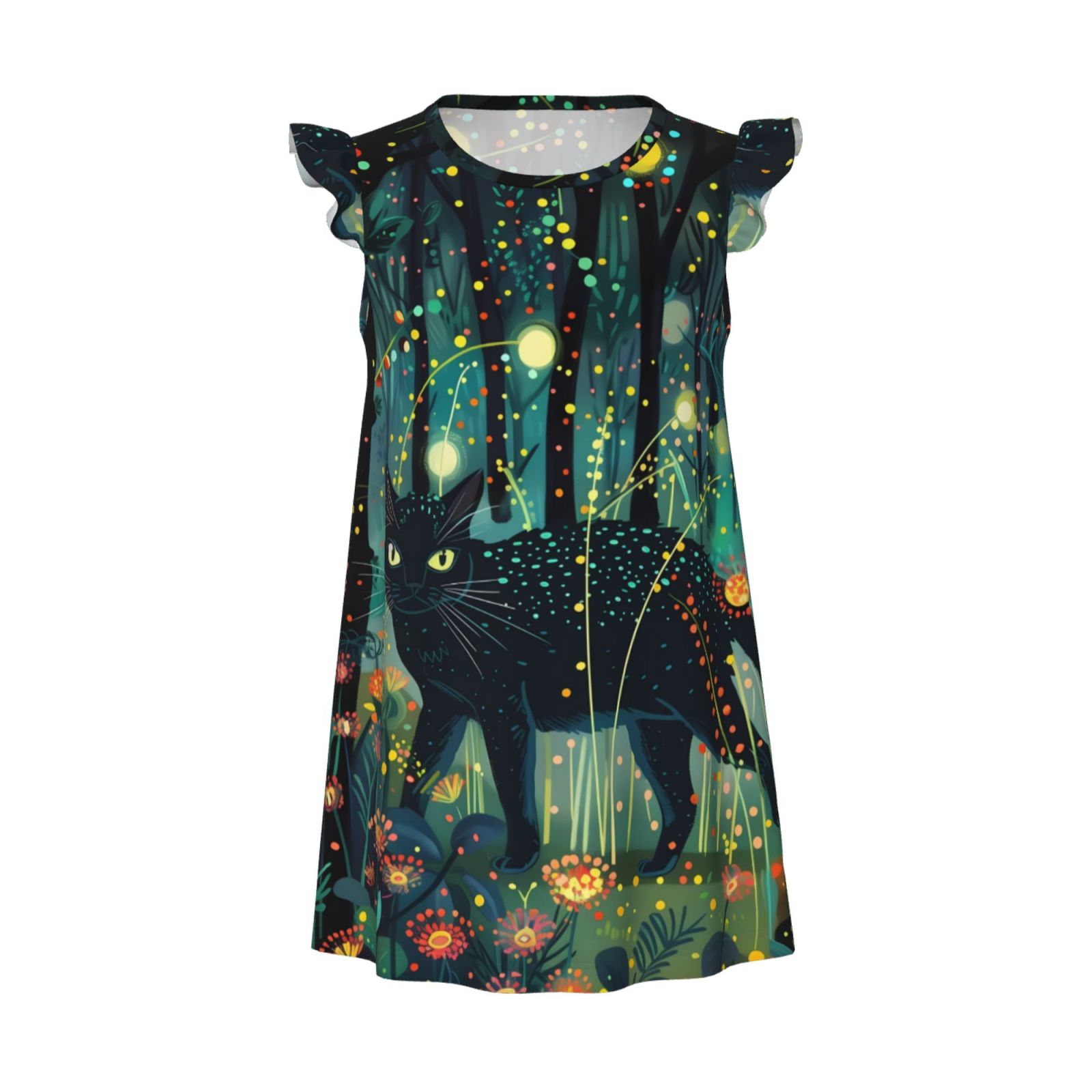 KLL Mystical Black Cat Fireflies Print Girls Nightgowns Pajamas for ...