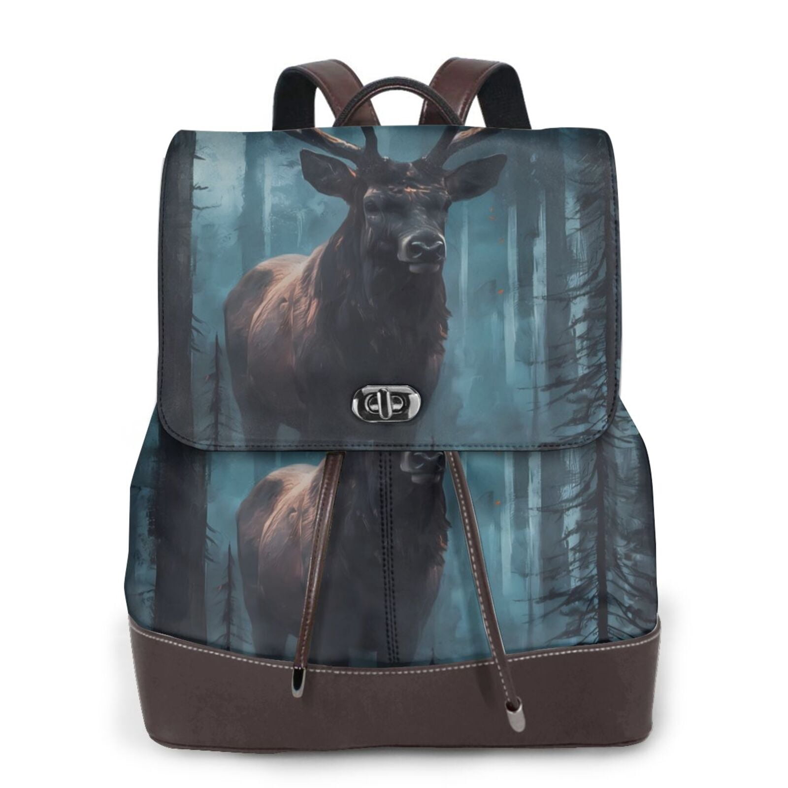 KLL Mystical Forest Elk Print Leather Backpack,PU Leather Laptop ...