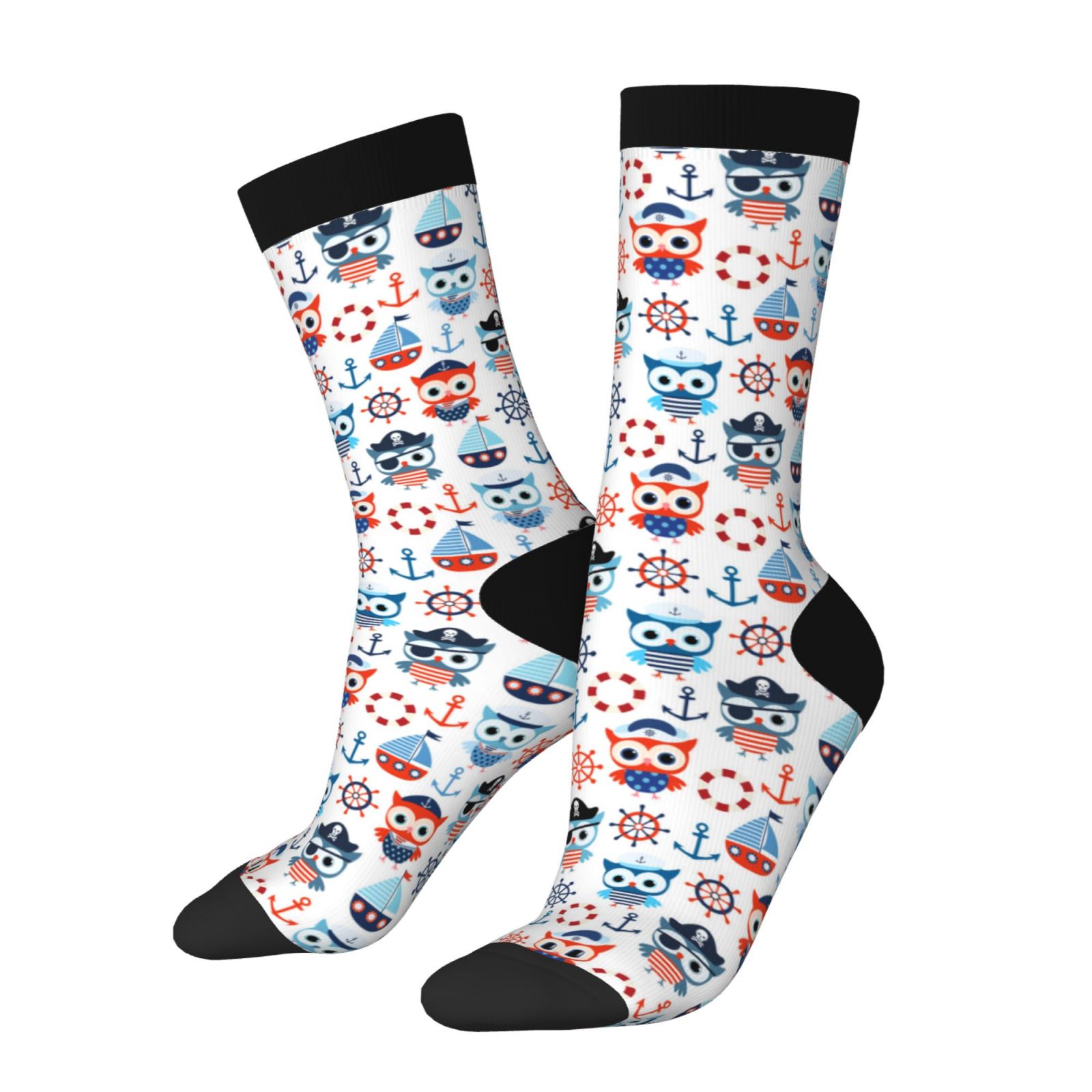 KLL Nautical And Pirate Owls Print Cool Socks Men's Women's Crew Socks ...