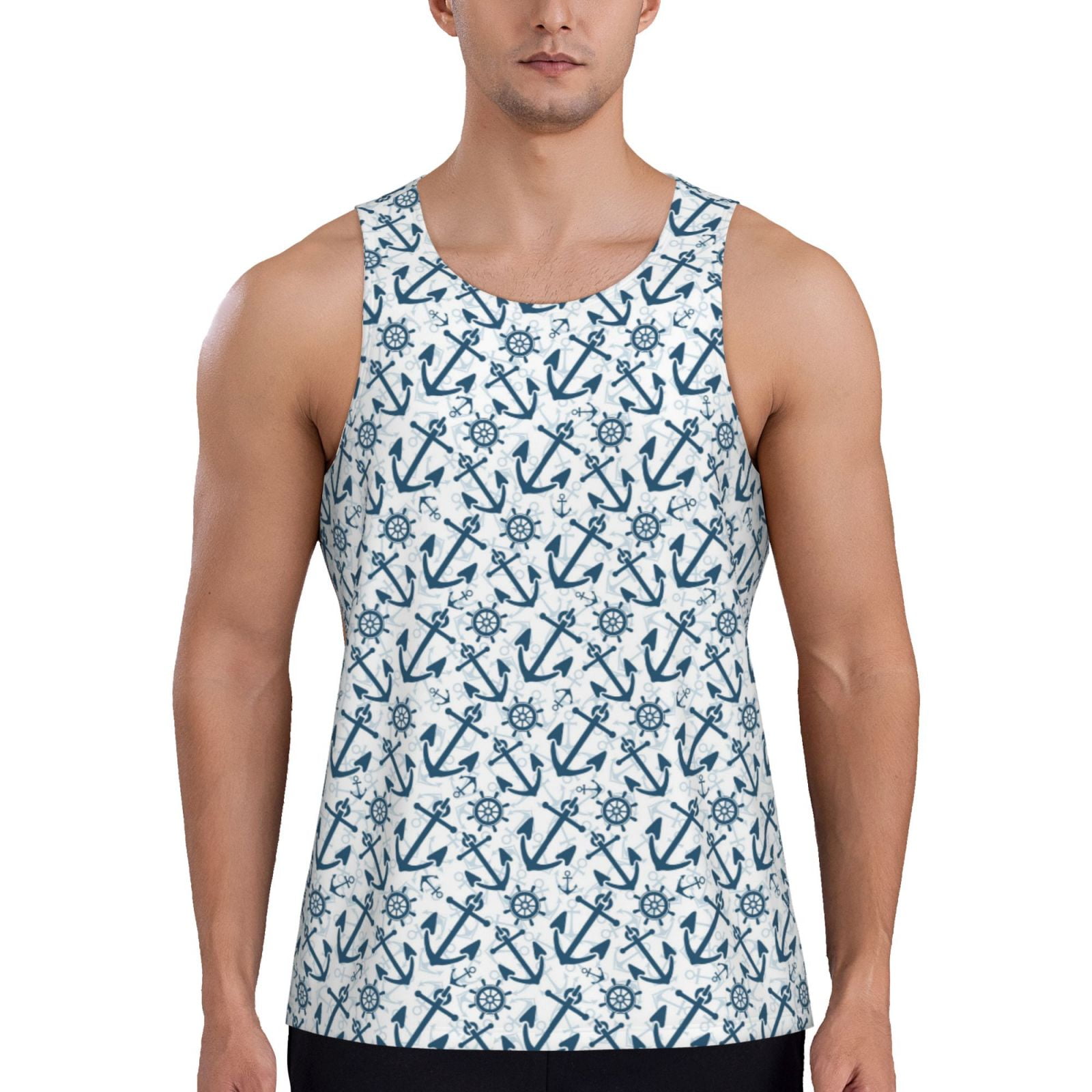 KLL Nautical Theme Anchors Print Men's Muscle Gym Workout Stringer Tank ...