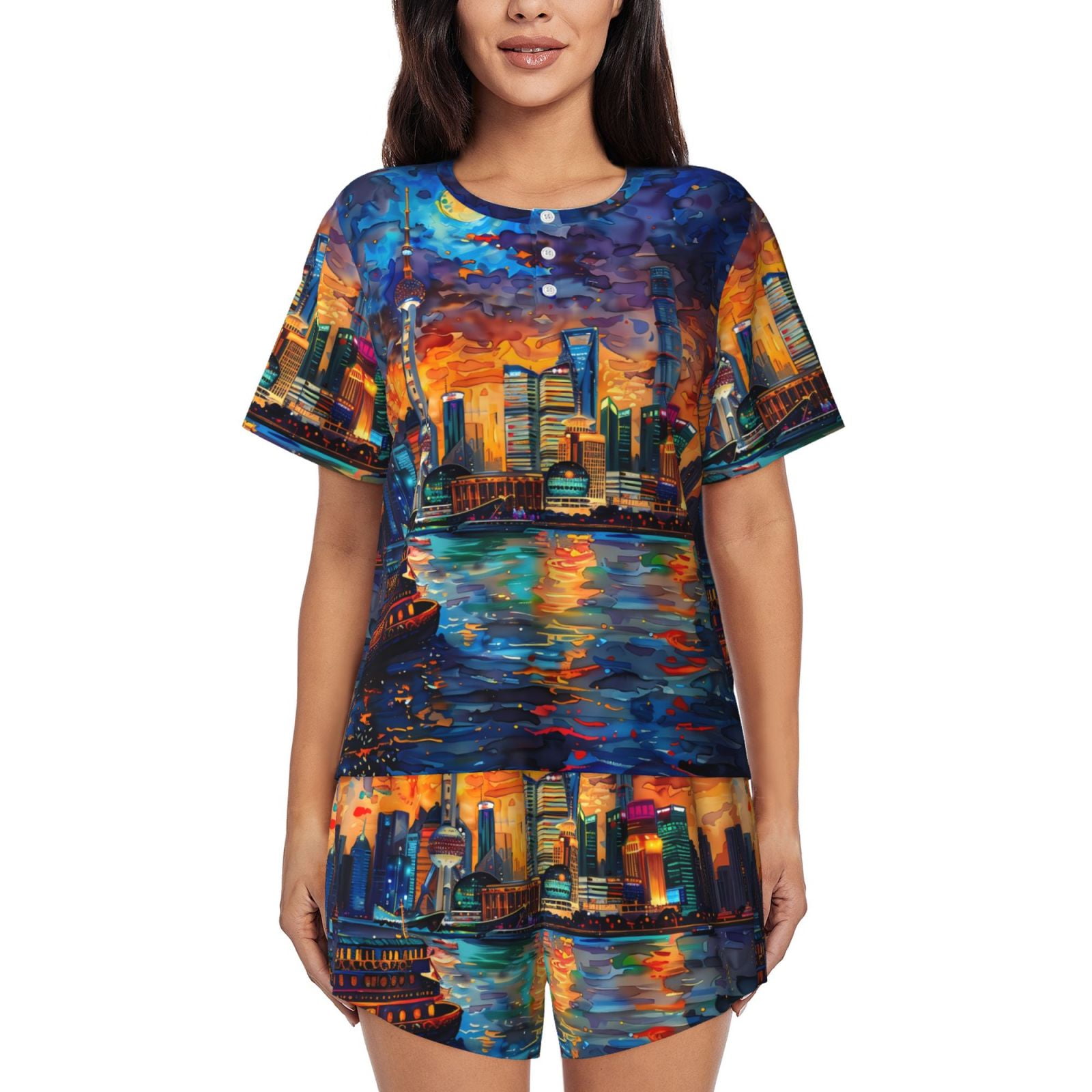 KLL Neon Shanghai Cityscape Night Print Pajama Set for Women Short ...