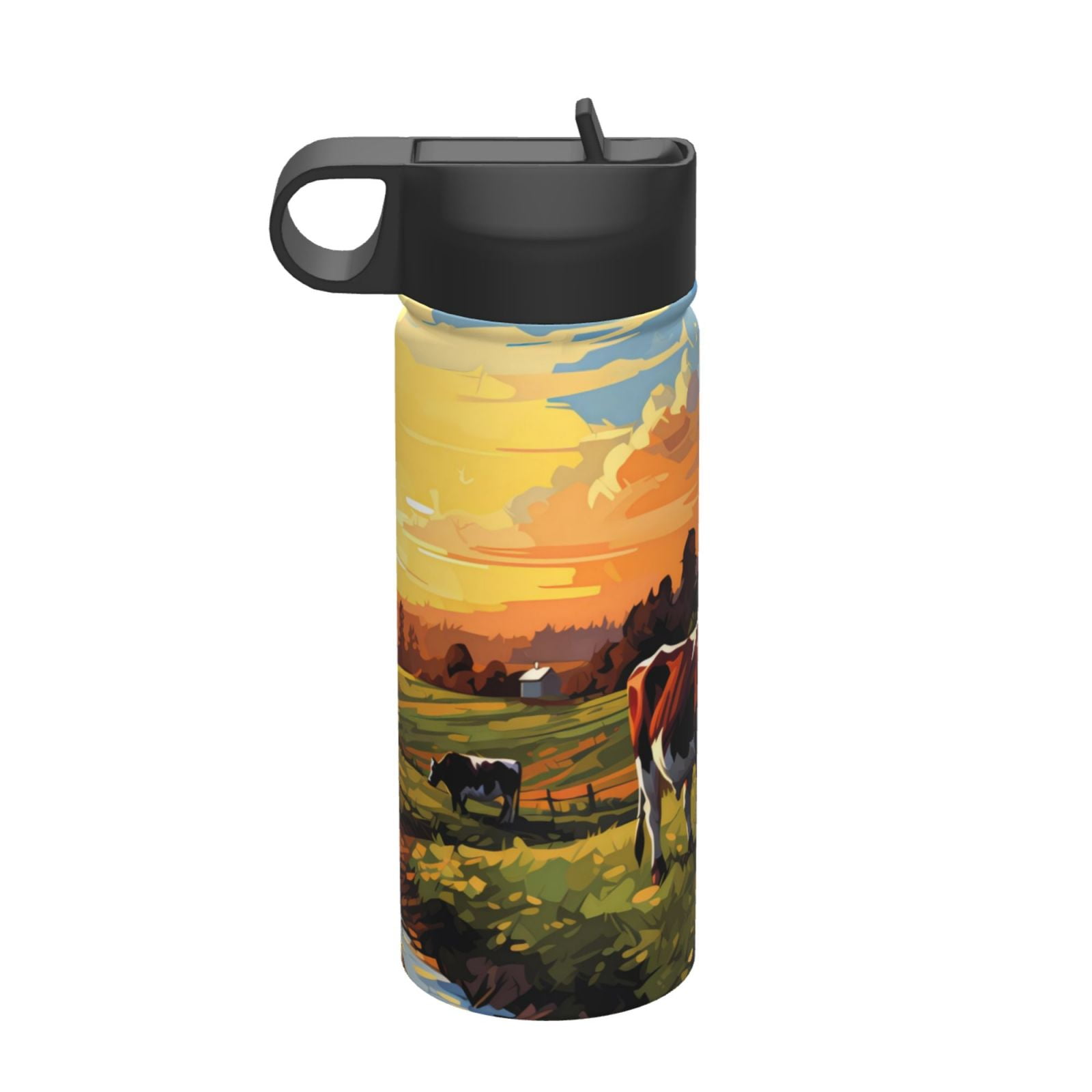 KLL Oil Painting Style Pasture Cow Pattern 18OZ Water Bottle With Straw ...