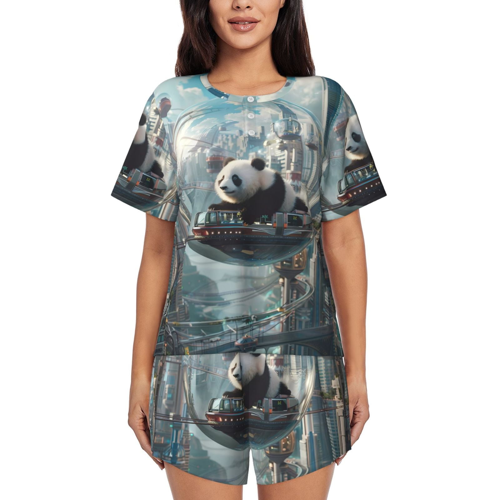 KLL Panda In Futuristic City Print Pajama Set for Women Short Sleeve ...