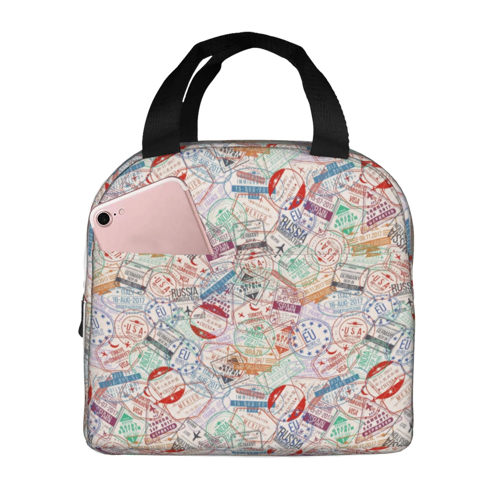 KLL Passport Stamp Print Insulated Lunch Bag Women, Reusable Cute Tote ...
