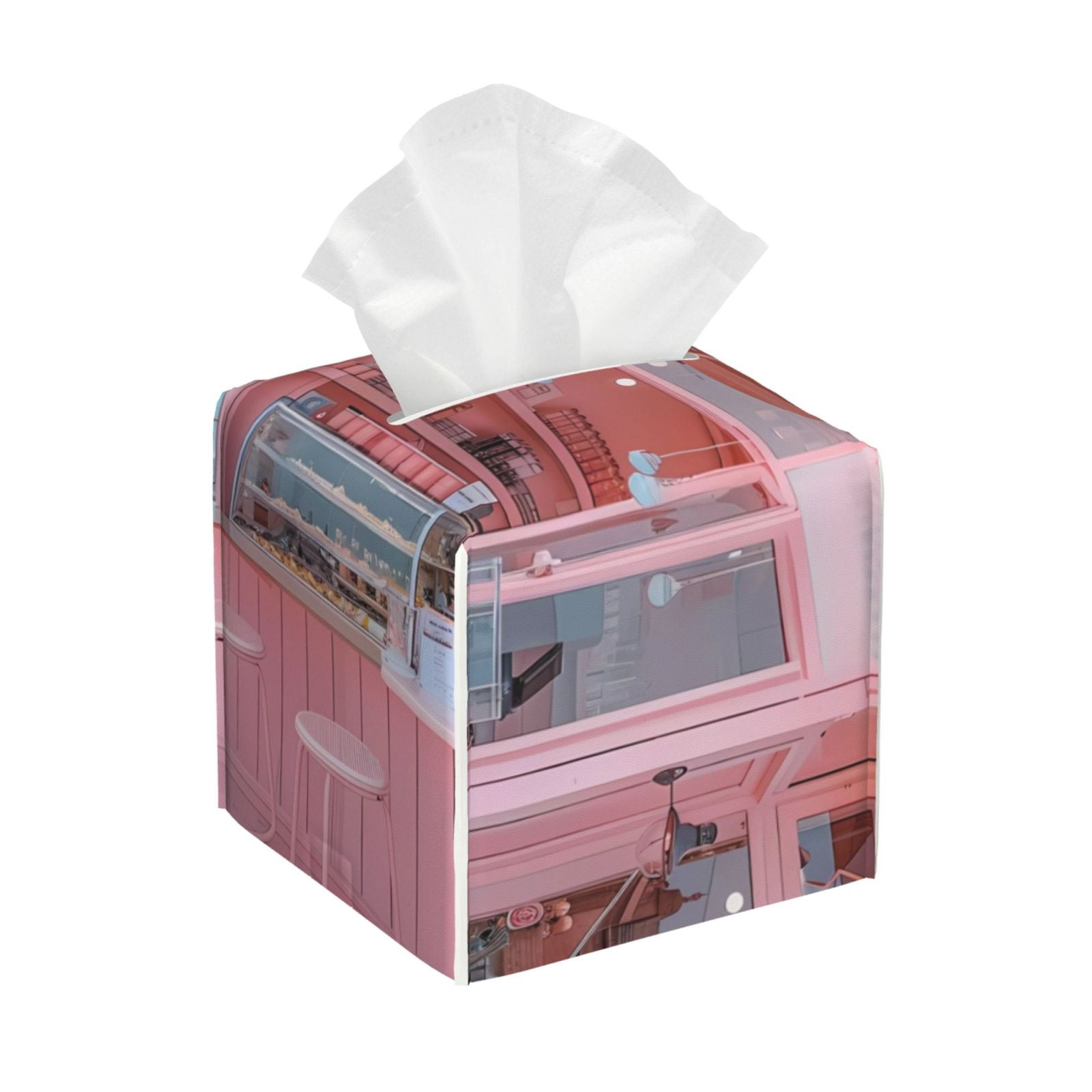 KLL Pastel Pink Beach Cafe Print Tissue Box Cover,Leather Tissue Holder ...
