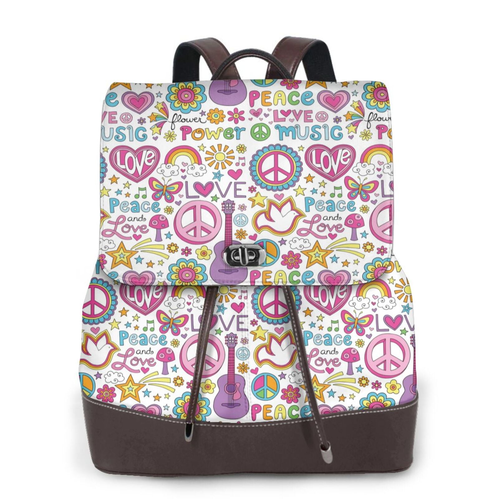 KLL Peace Love and Dove Flower Power Print Leather Backpack,PU Leather ...
