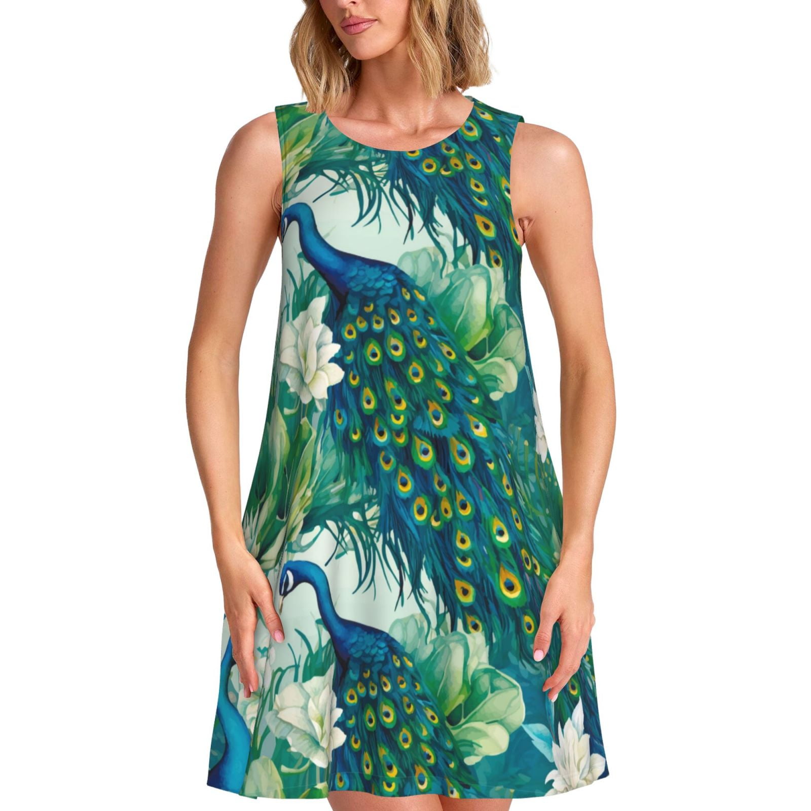 KLL Peacock And Flowers Pattern Womens Summer Dresses 2025,Loose Round ...