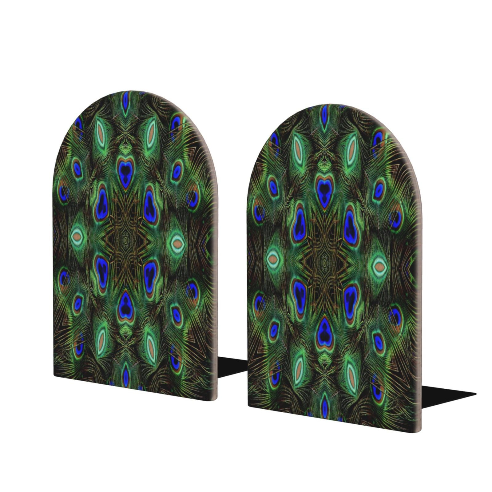 KLL Peacock Feathers Print Wood Book Ends for Shelves,1 Pair Wood ...