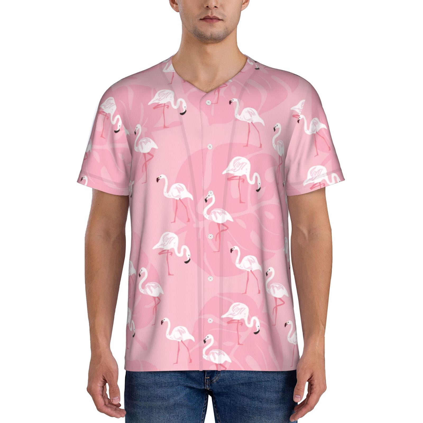 KLL Pink Flamingos and Flowers for Men's Baseball Shirts,Short Sleeve ...
