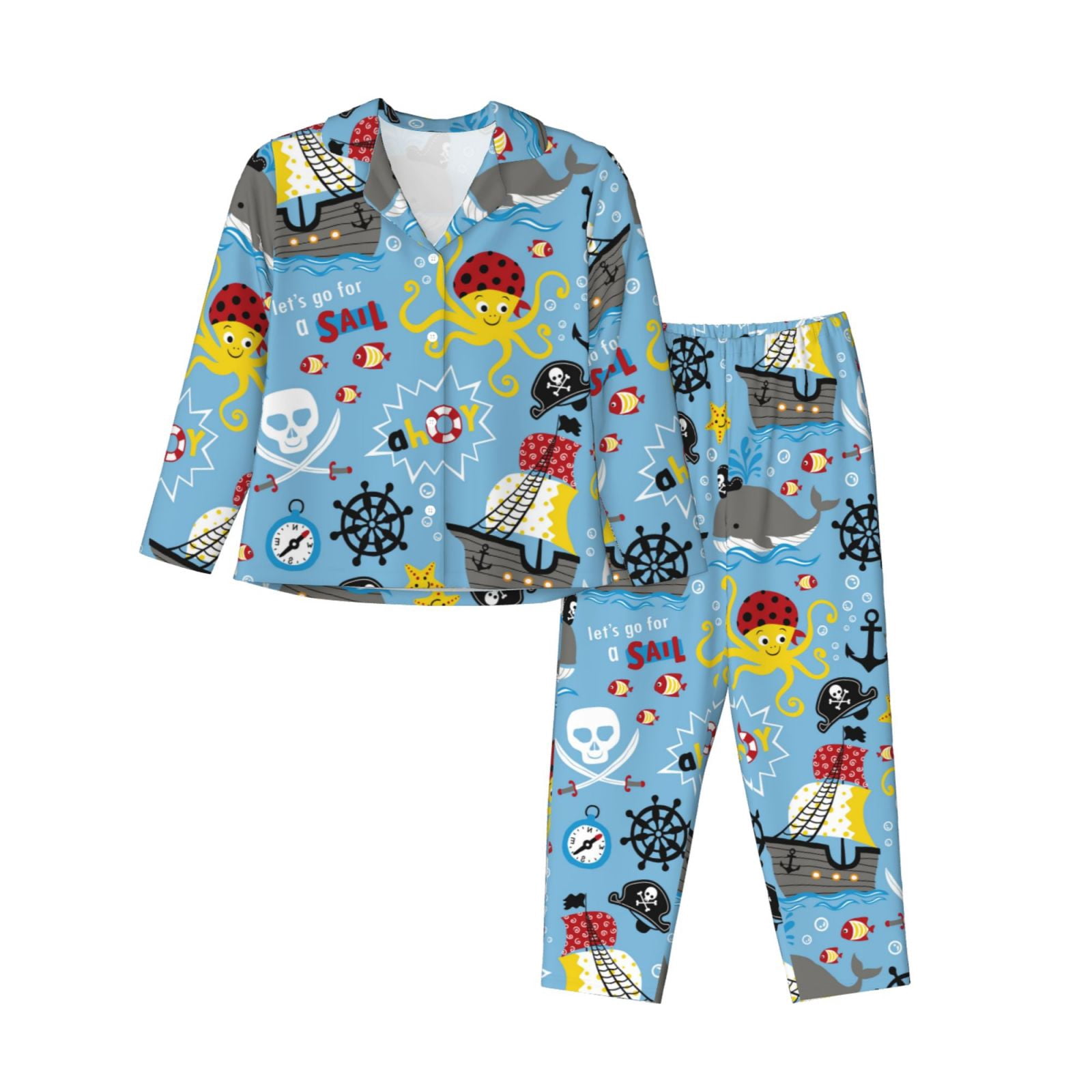KLL Pirate Marine Animals Print Women's Long Sleeve Pajamas with Pants ...