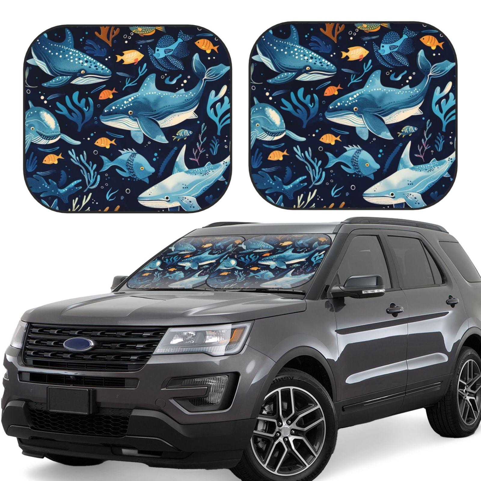 KLL Playful Whales Underwater Scene Windshield Sun Shade 2-Piece ...
