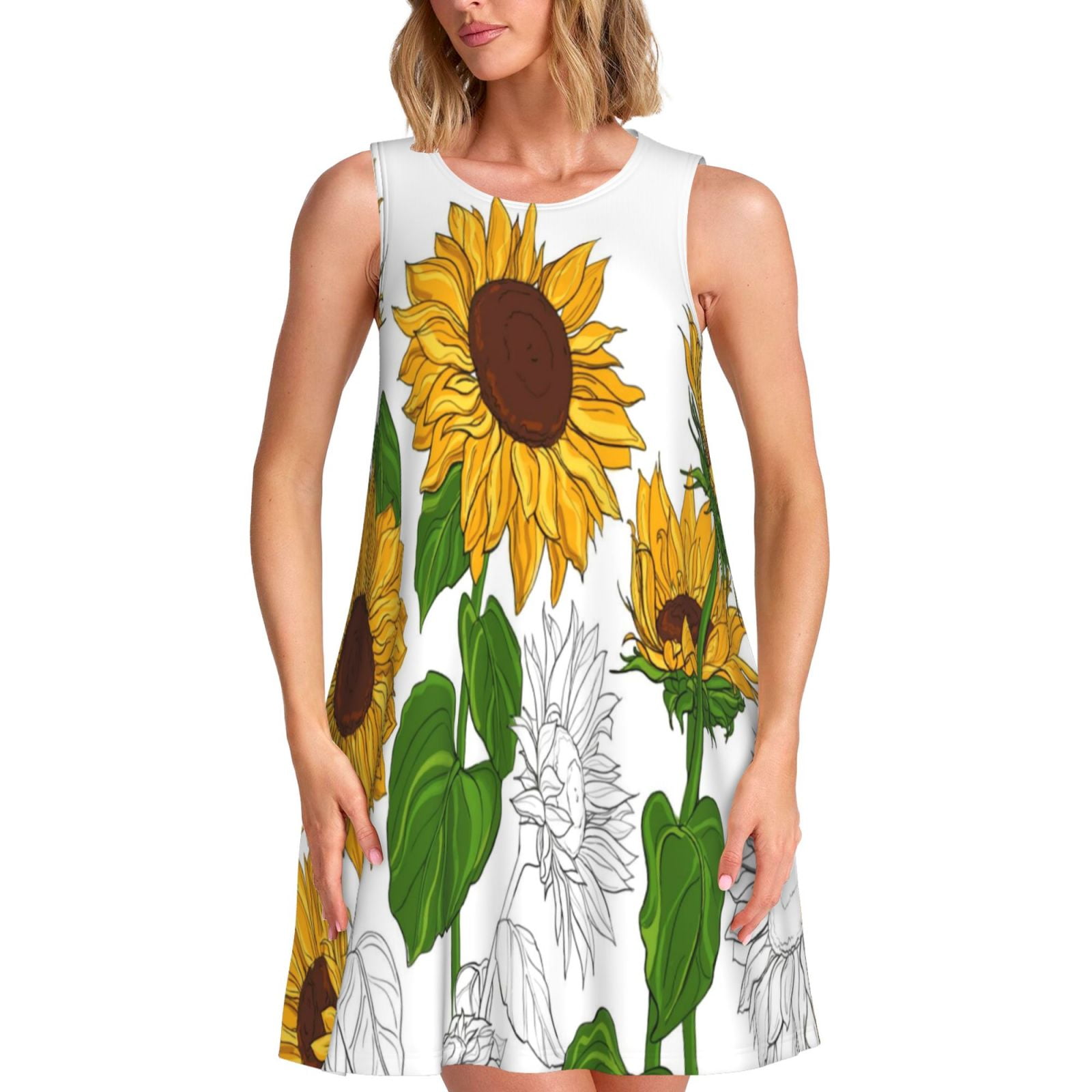 KLL Plump Sunflower And Sketch Pattern Womens Summer Dresses 2025,Loose ...