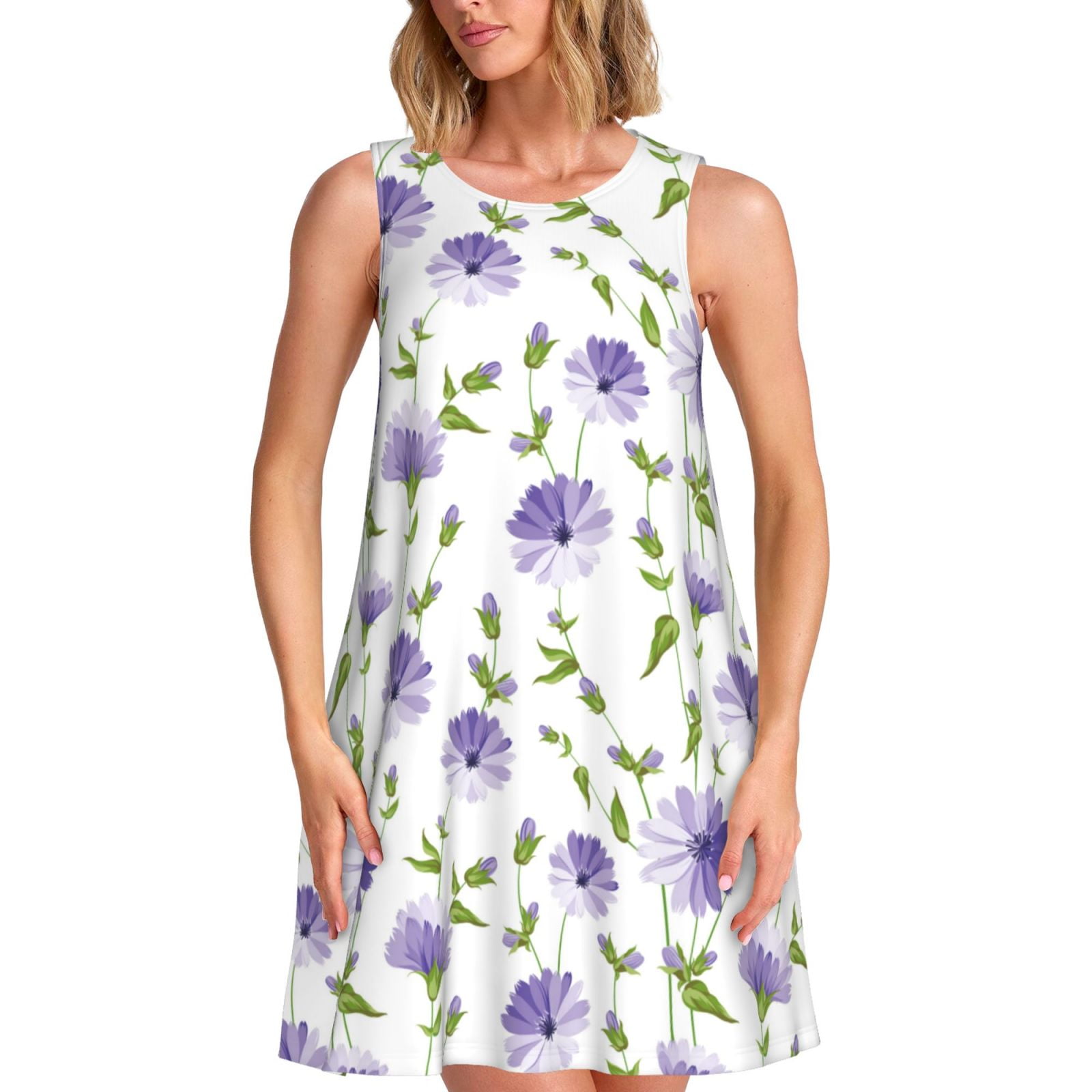 KLL Purple Chicory Pattern Womens Summer Dresses 2025,Loose Round Neck ...