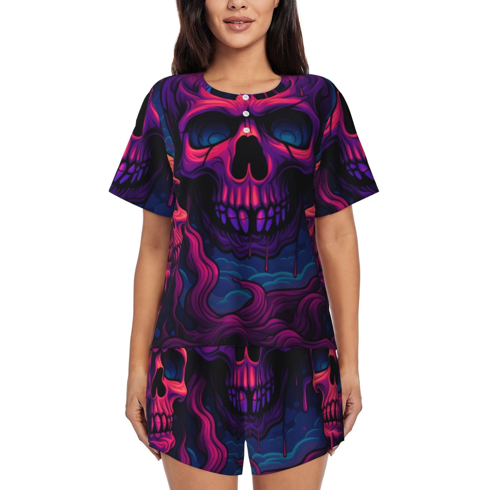 KLL Purple-Red Skull Print Pajama Set for Women Short Sleeve Sleepwear ...