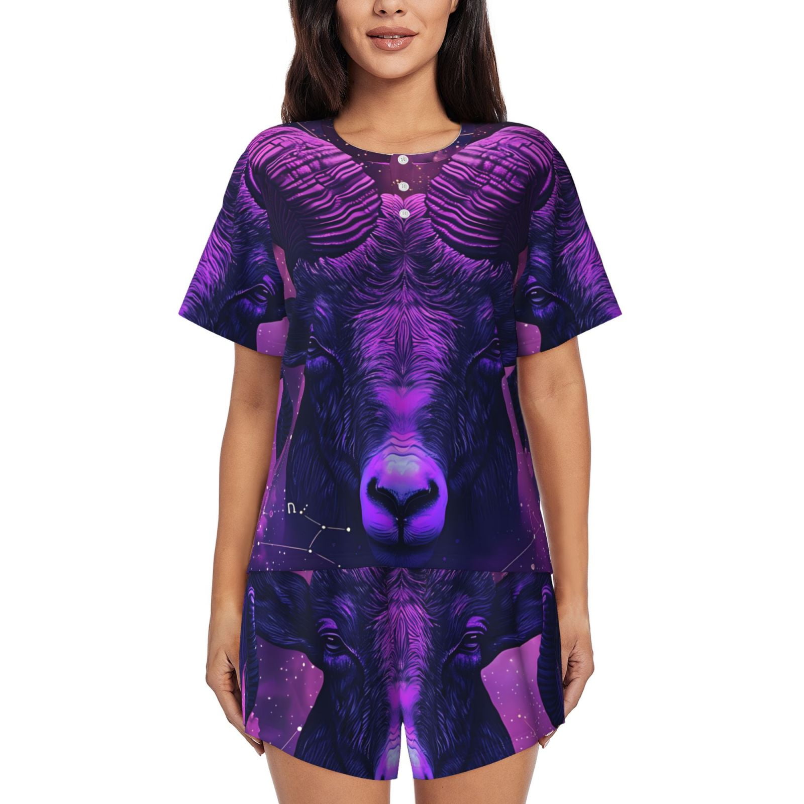 KLL Purple Starry Sky Antelope Print Pajama Set for Women Short Sleeve ...