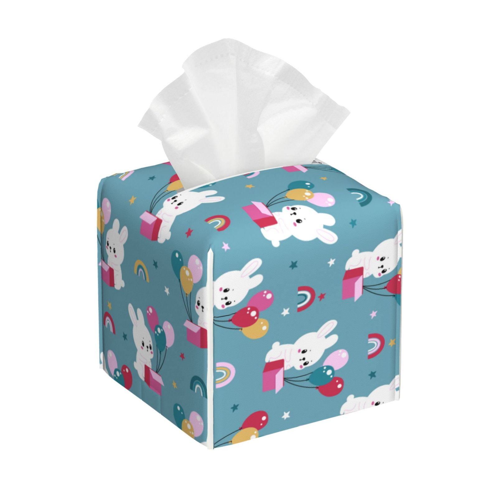 KLL Rabbit And Rainbow Print Tissue Box Cover,Leather Tissue Holder Square Facial Tissue Case ...