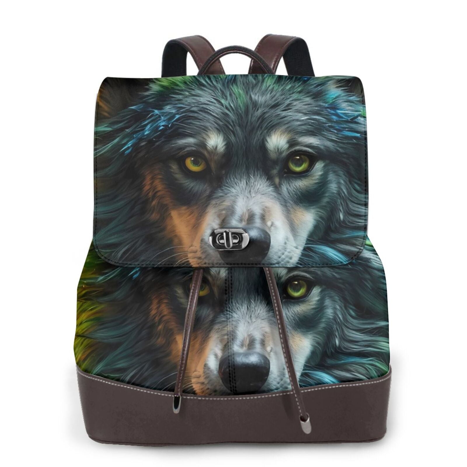 KLL Realistic Style Colorful Wolf A Print Leather Backpack,PU Leather ...