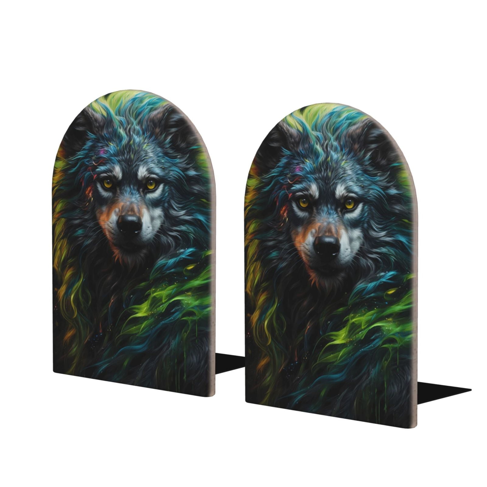KLL Realistic Style Green Fur Wolf Print Wood Book Ends for Shelves,1 ...