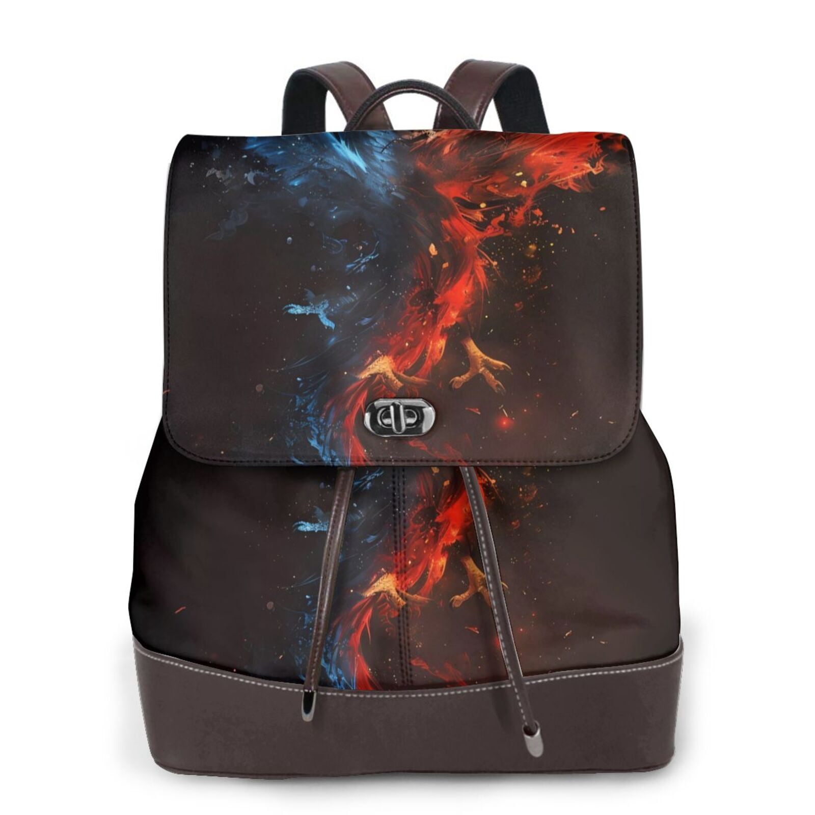 KLL Red And Blue Fire Bird Print Leather Backpack,PU Leather Laptop ...