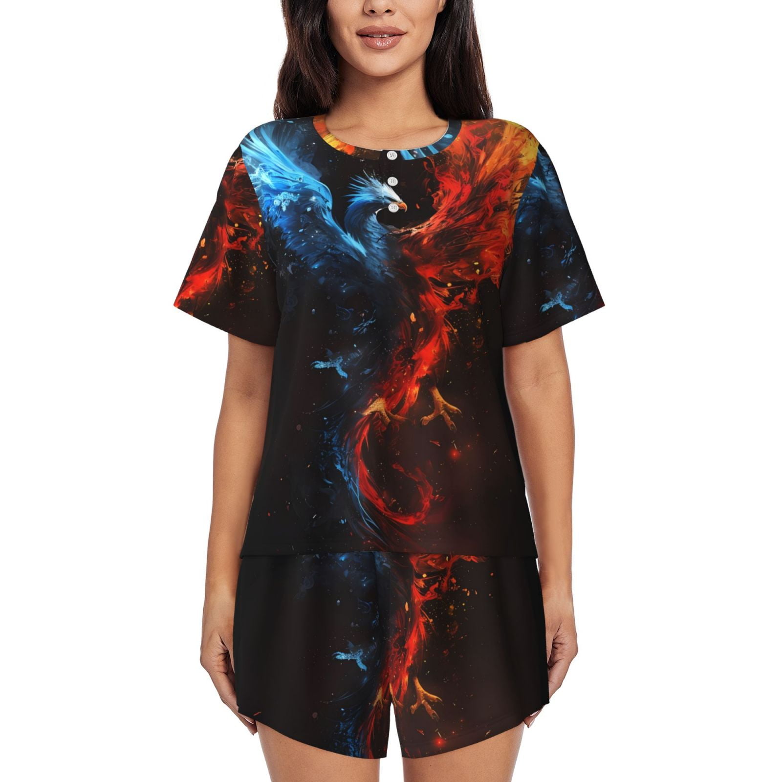 KLL Red And Blue Fire Bird Print Pajama Set for Women Short Sleeve ...