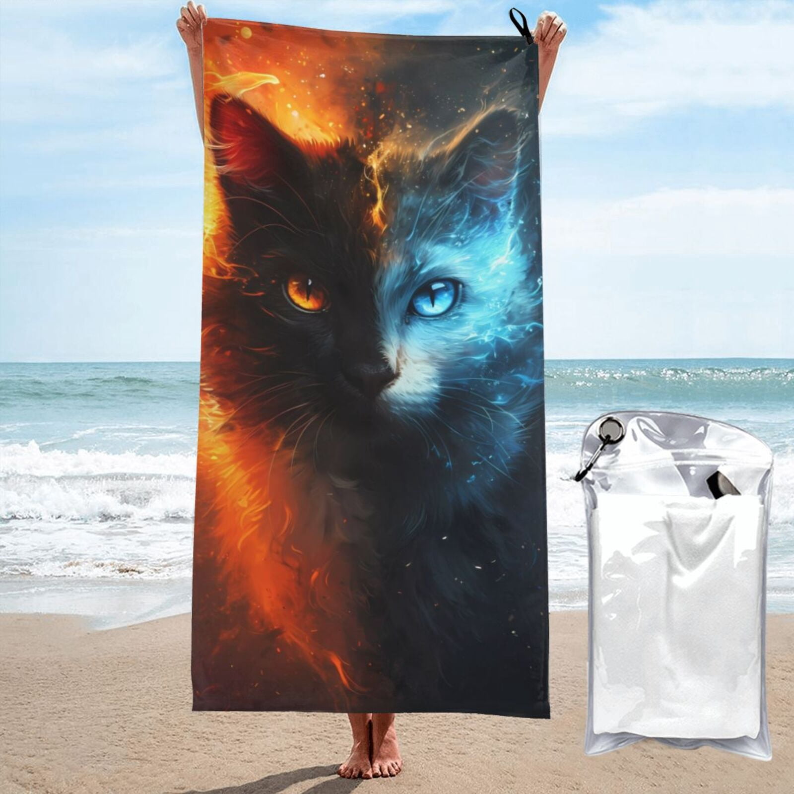 KLL Red And Blue Fire Cat Microfiber Beach Towel Fast Drying,Extra ...