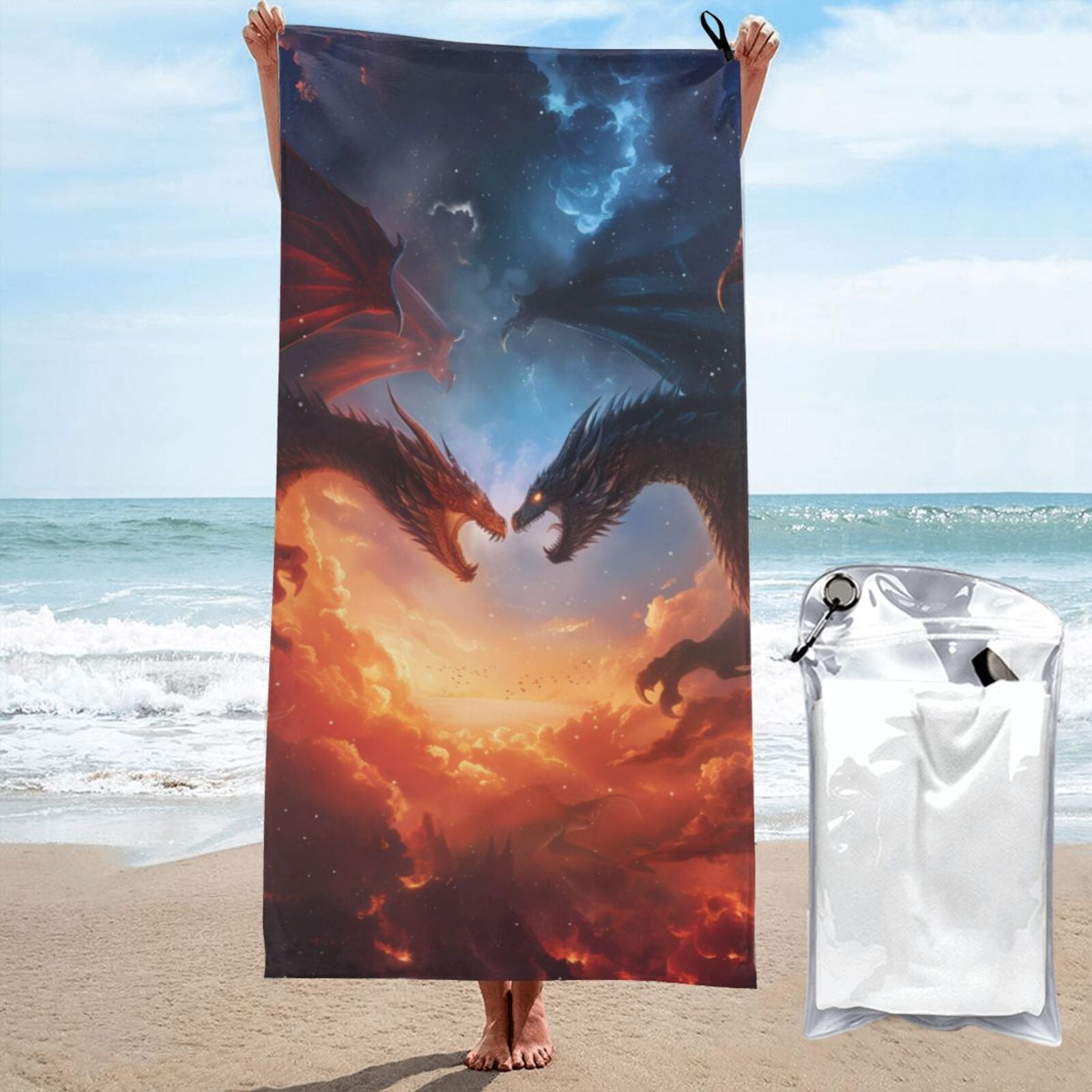 KLL Red And Blue Fire Cloud Dragon Microfiber Beach Towel Fast Drying ...