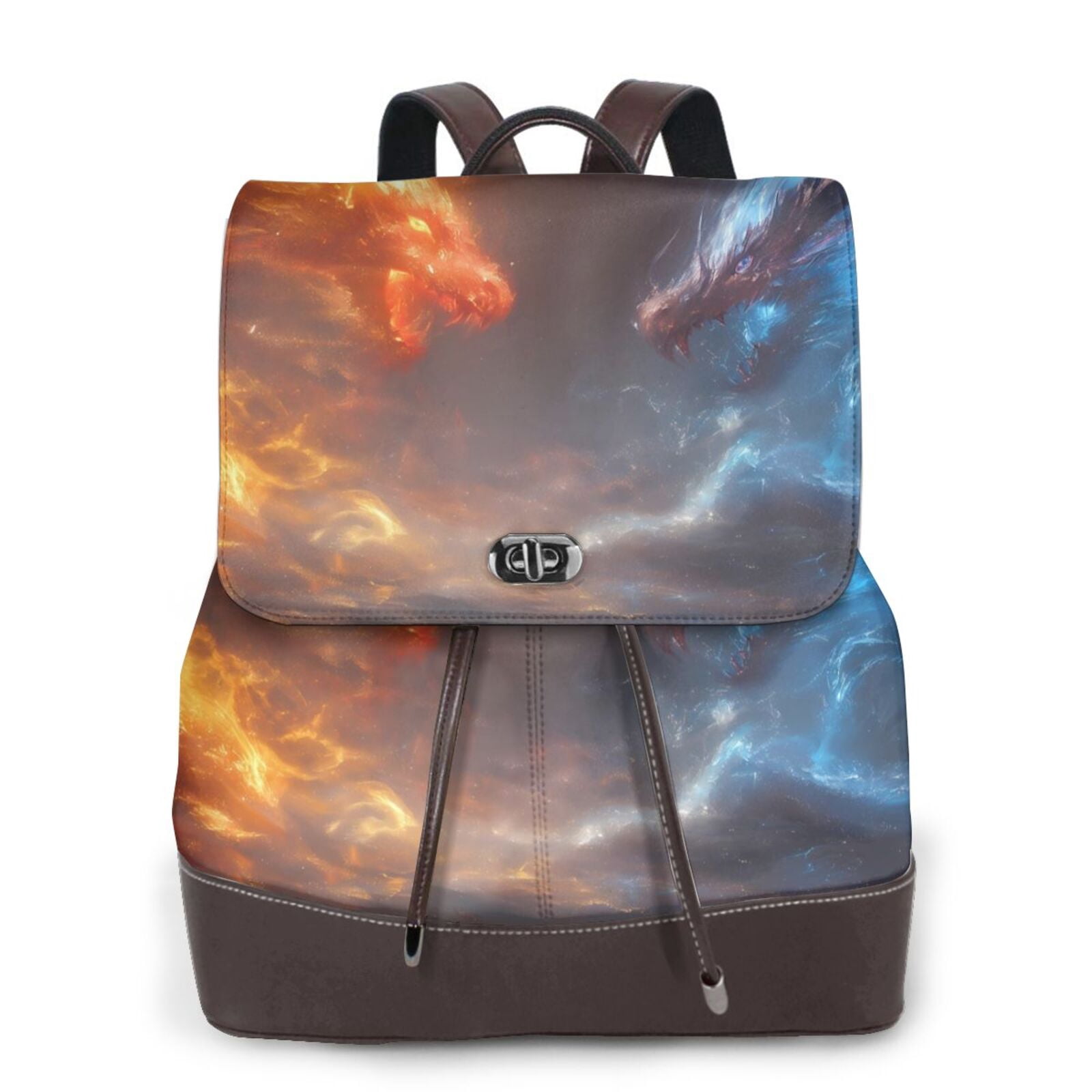 KLL Red And Blue Fire Dragon D Print Leather Backpack,PU Leather Laptop ...