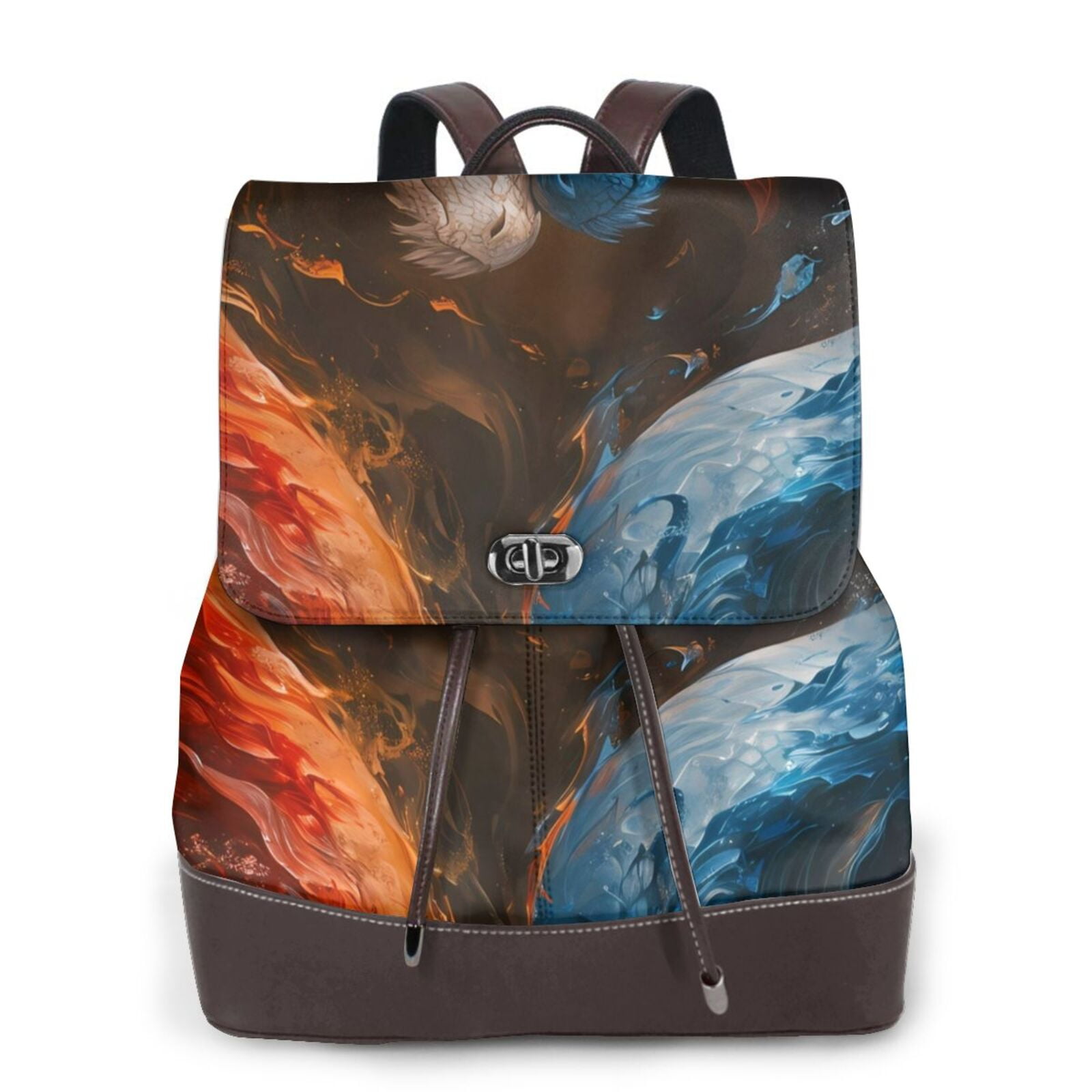 KLL Red And Blue Fire Dragon F Print Leather Backpack,PU Leather Laptop ...