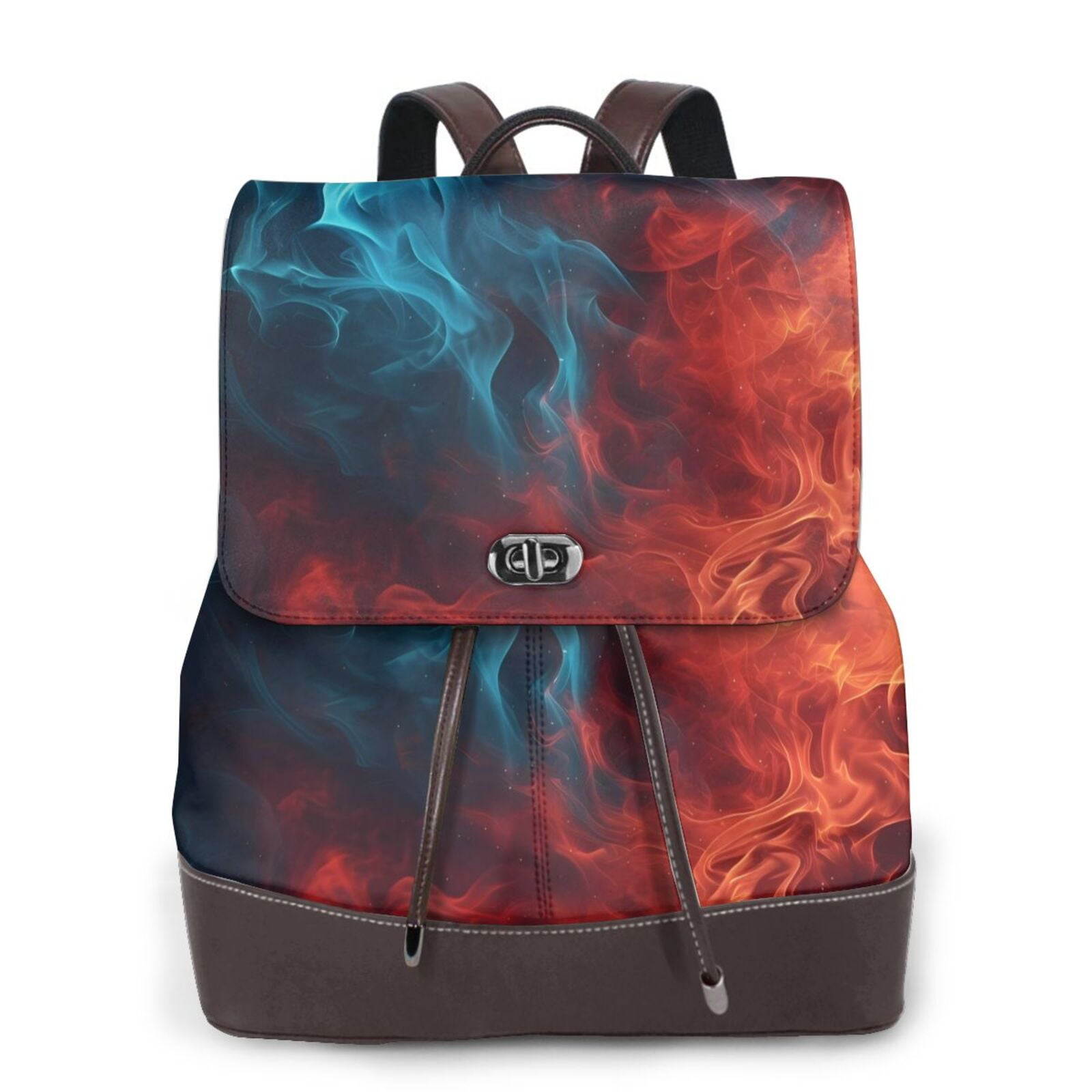 KLL Red And Blue Fire Print Leather Backpack,PU Leather Laptop Backpack ...