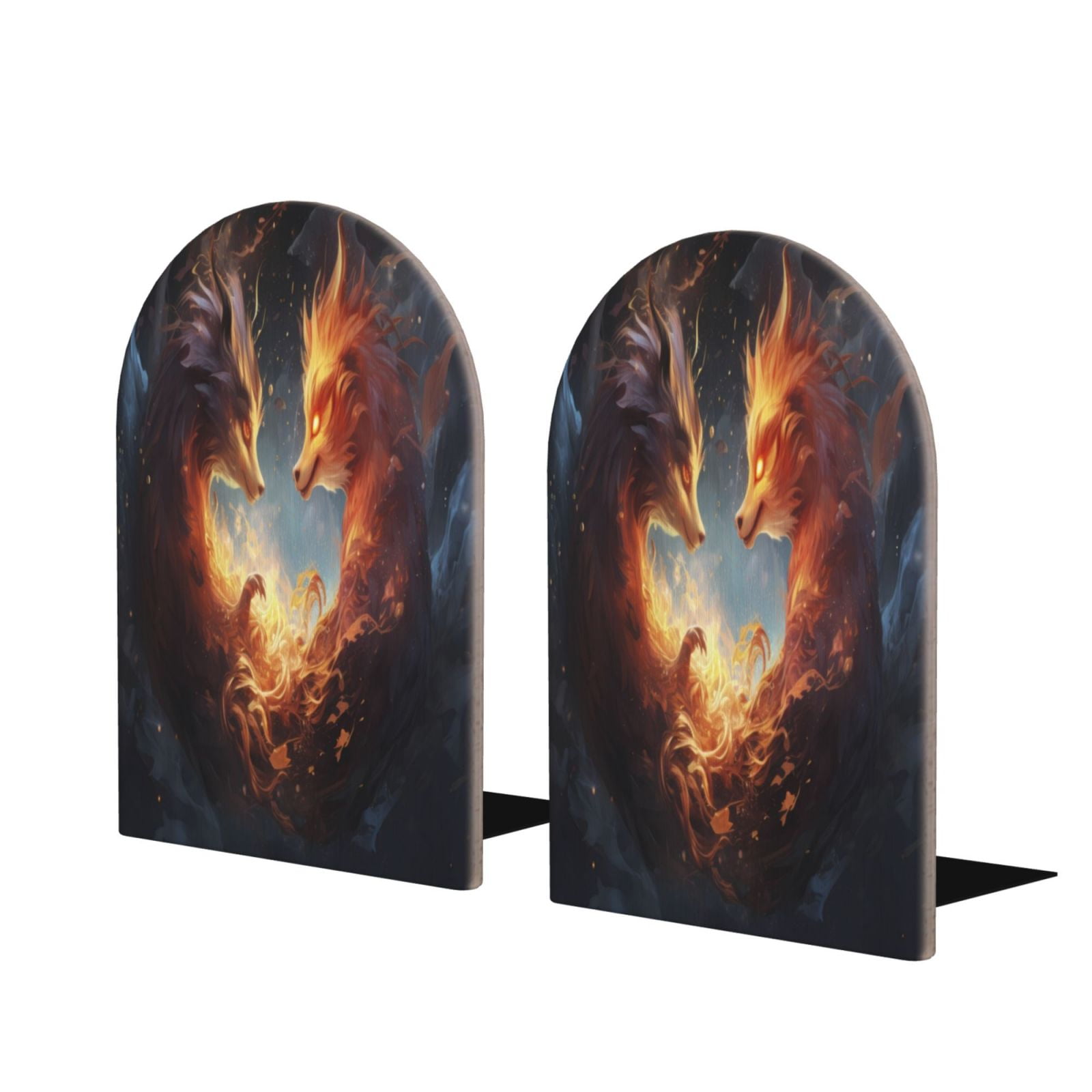 KLL Red And Gray Flame Fox Print Wood Book Ends for Shelves,1 Pair Wood ...