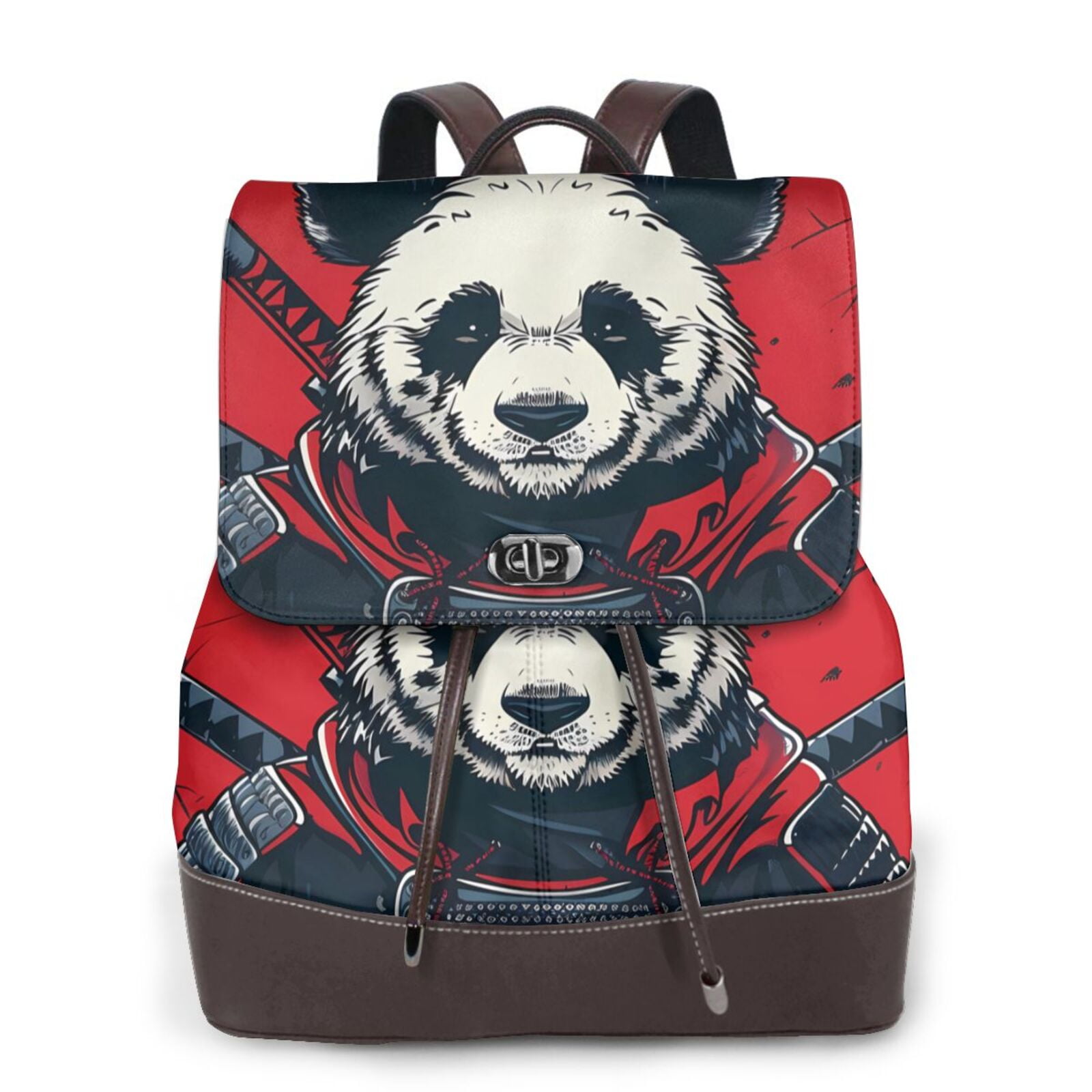 KLL Red Black Eastern Panda Warrior Print Leather Backpack,PU Leather ...