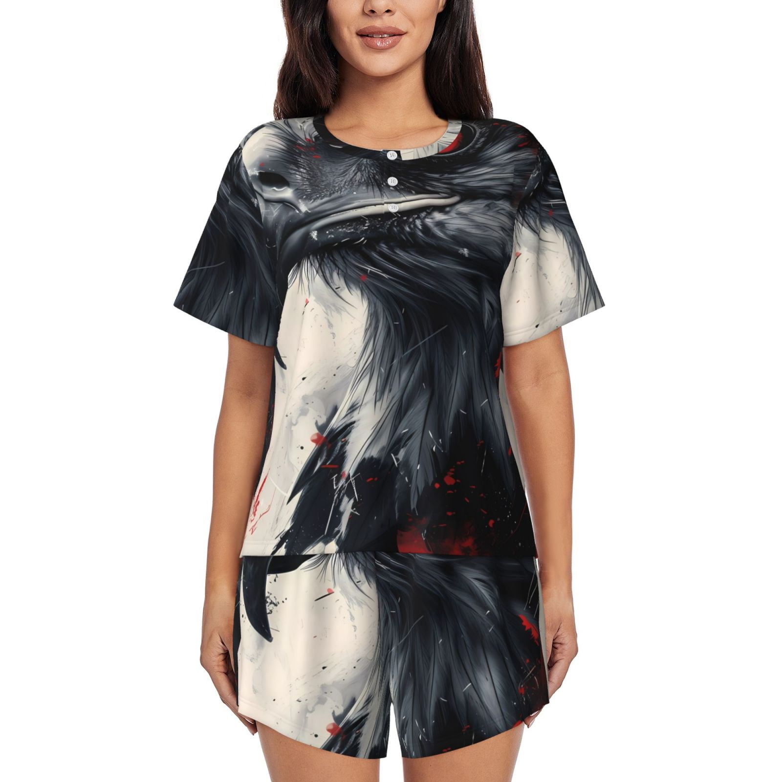 KLL Red Black Ink Style Bald Eagle Print Pajama Set for Women Short Sleeve Sleepwear Pjs Soft 2 ...