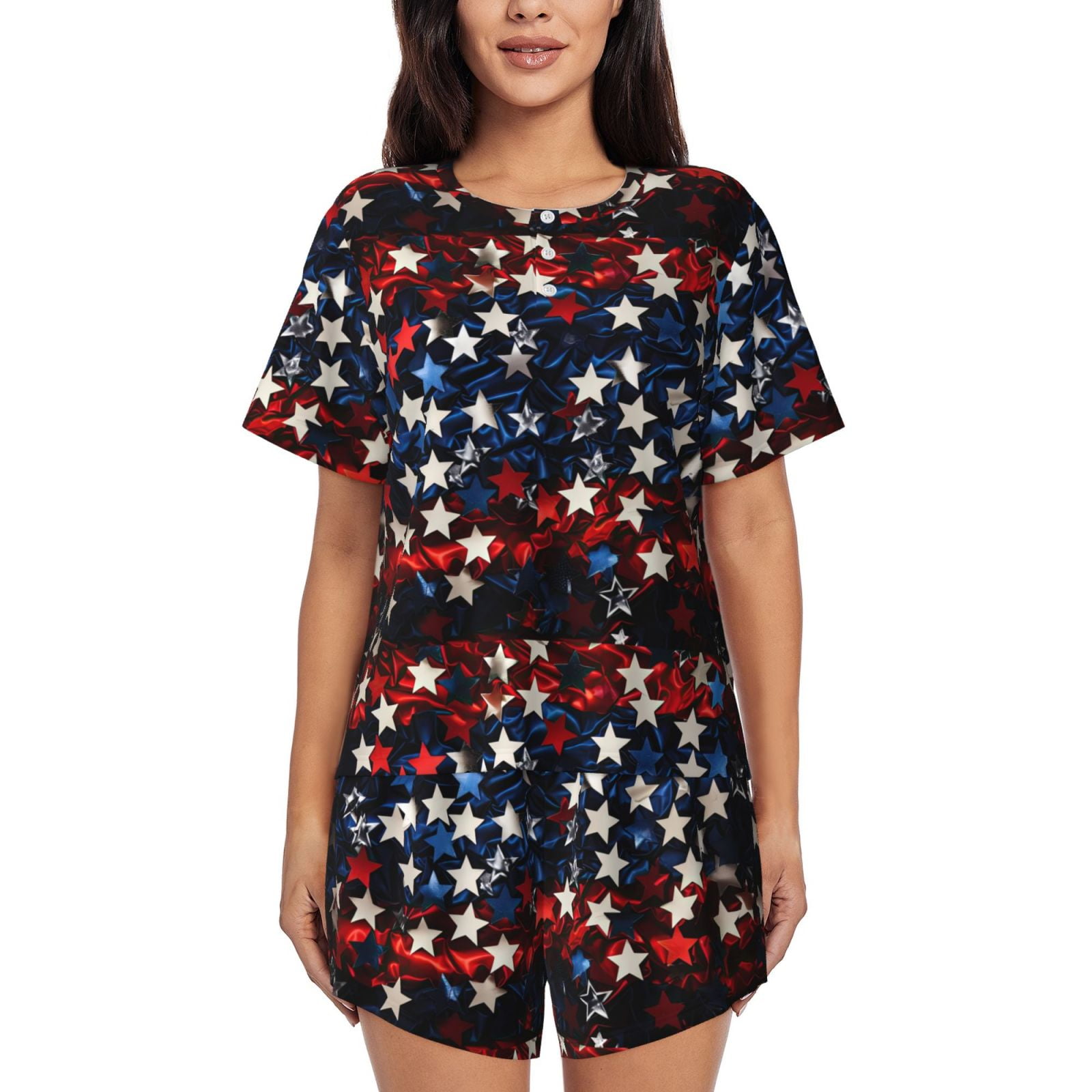 KLL Red Blue White Stars Print Pajama Set for Women Short Sleeve ...