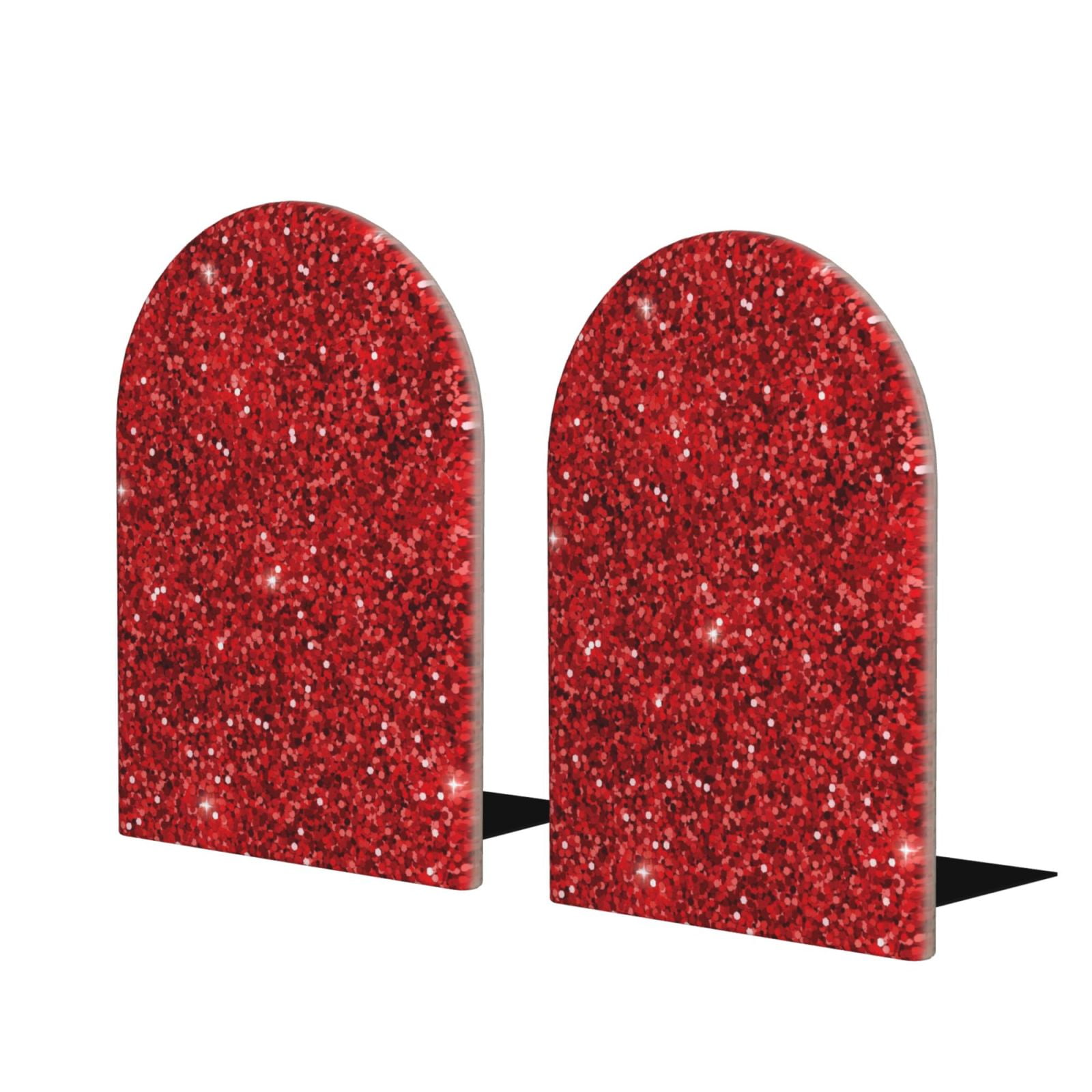KLL Red Glitter Print Wood Book Ends for Shelves,1 Pair Wood Bookends ...