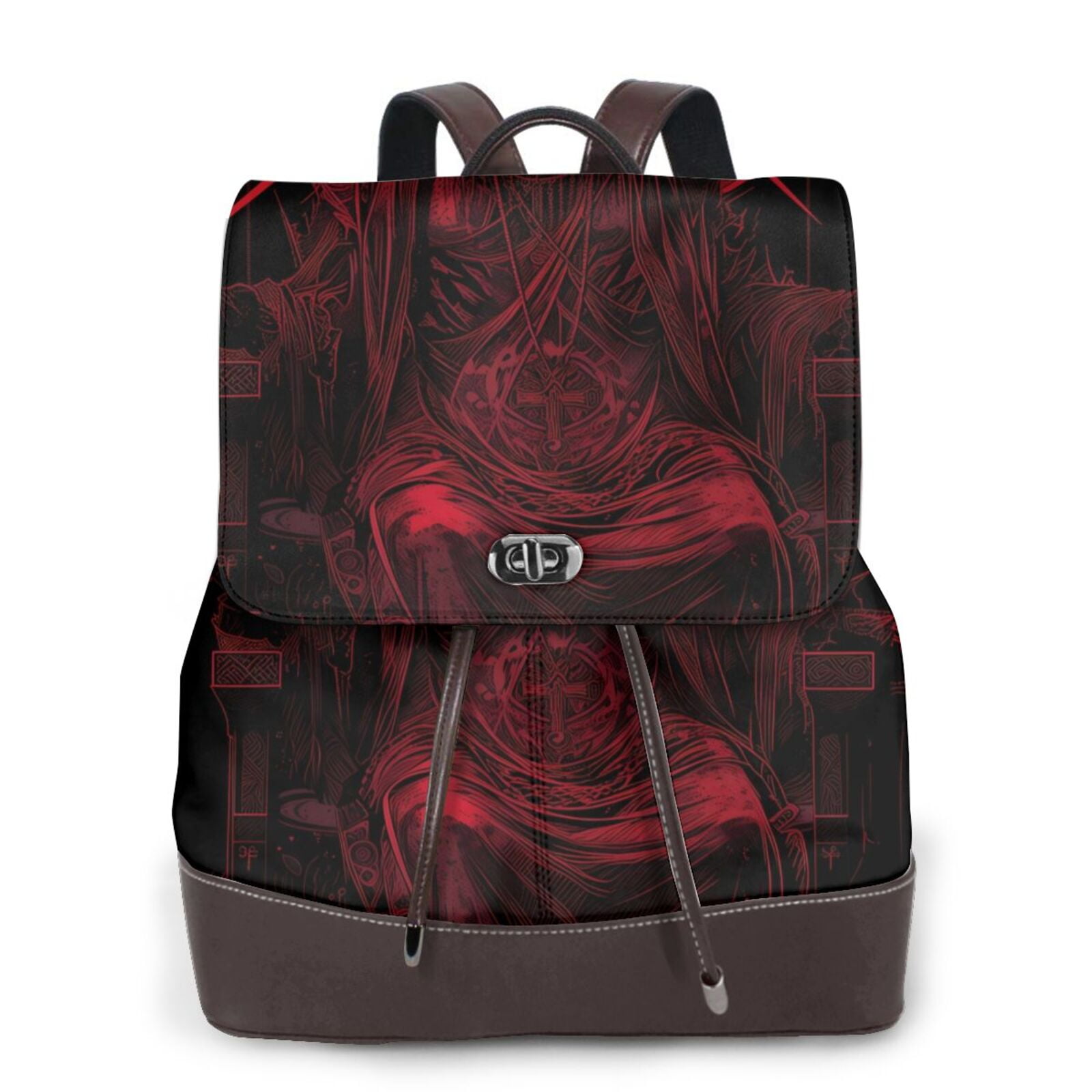 KLL Red Gothic Skeleton Throne Print Leather Backpack,PU Leather Laptop ...
